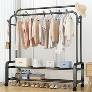 HUIMART Movable Double Rods Garment Rack with 6 Hooks and Wheels ...