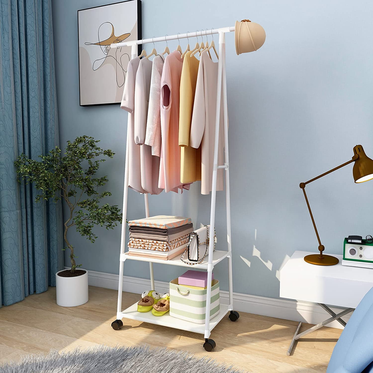 Clothes Rack on Wheels, Rolling Garment Rack with 2-Tier Storage ...