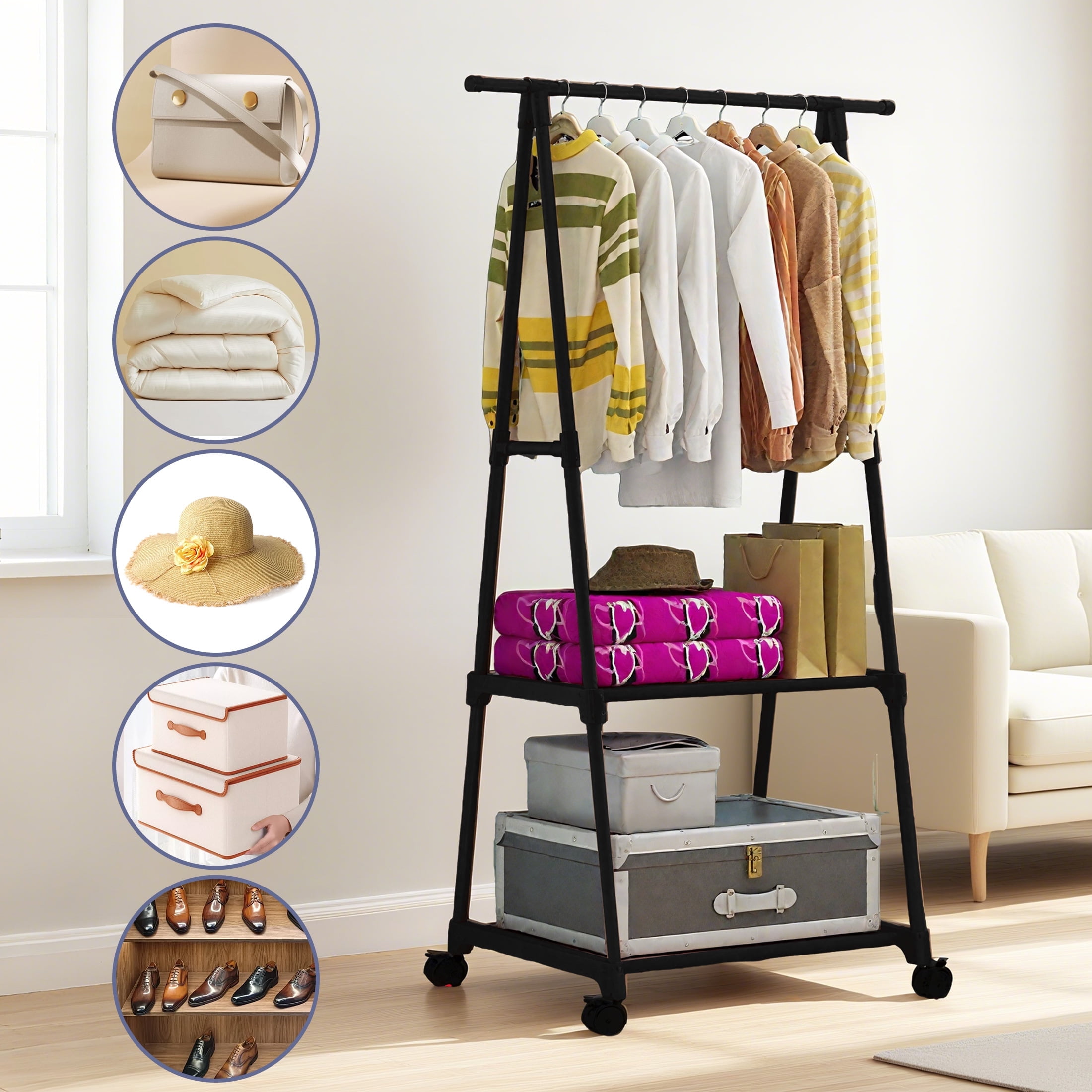 HioHa Portable Clothes Rack on Wheels with 2-Tier Shelves & Hooks ...