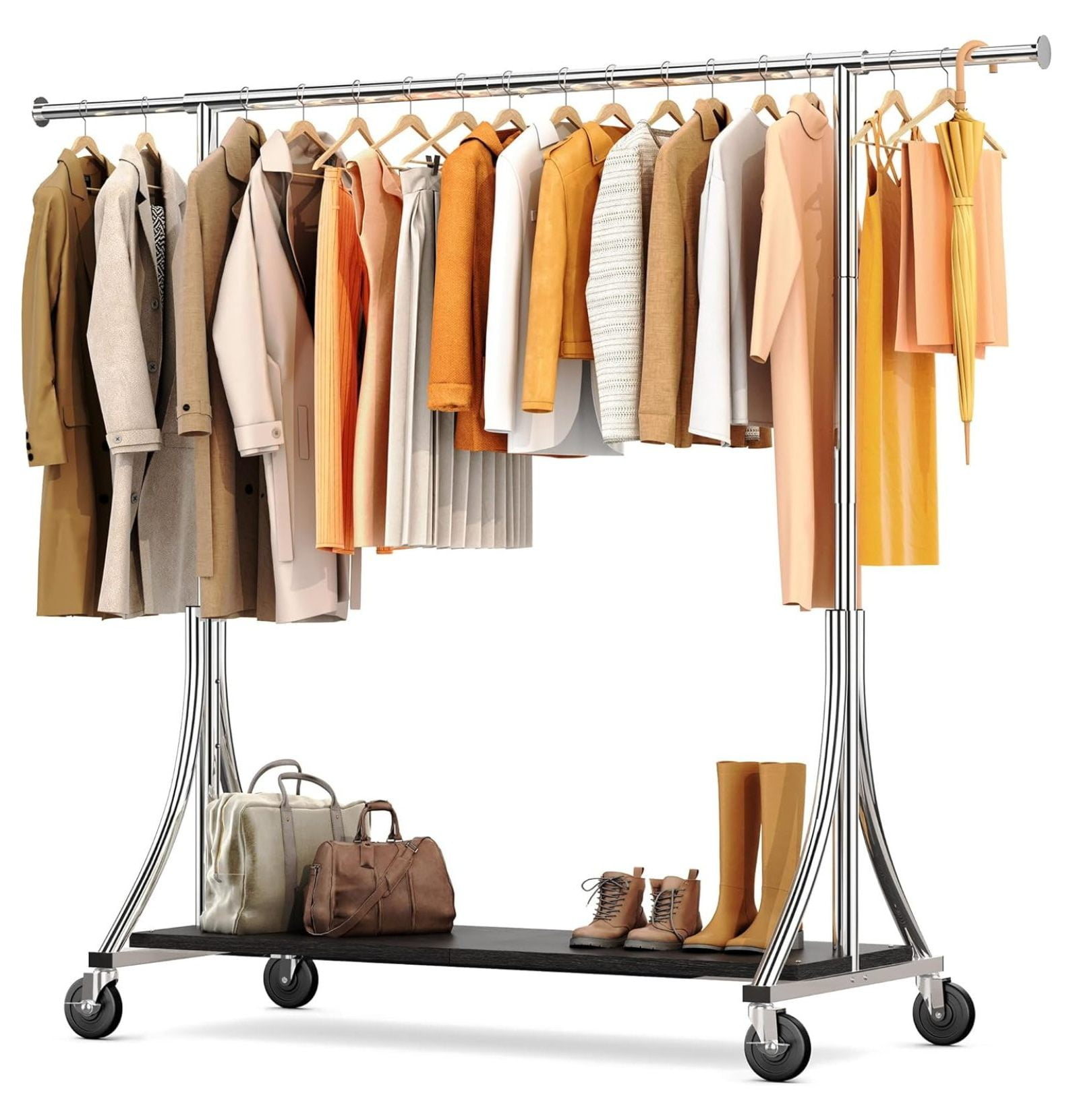 Clothes Rack with Wood Shelves, Height Adjustable Clothing Rack with ...