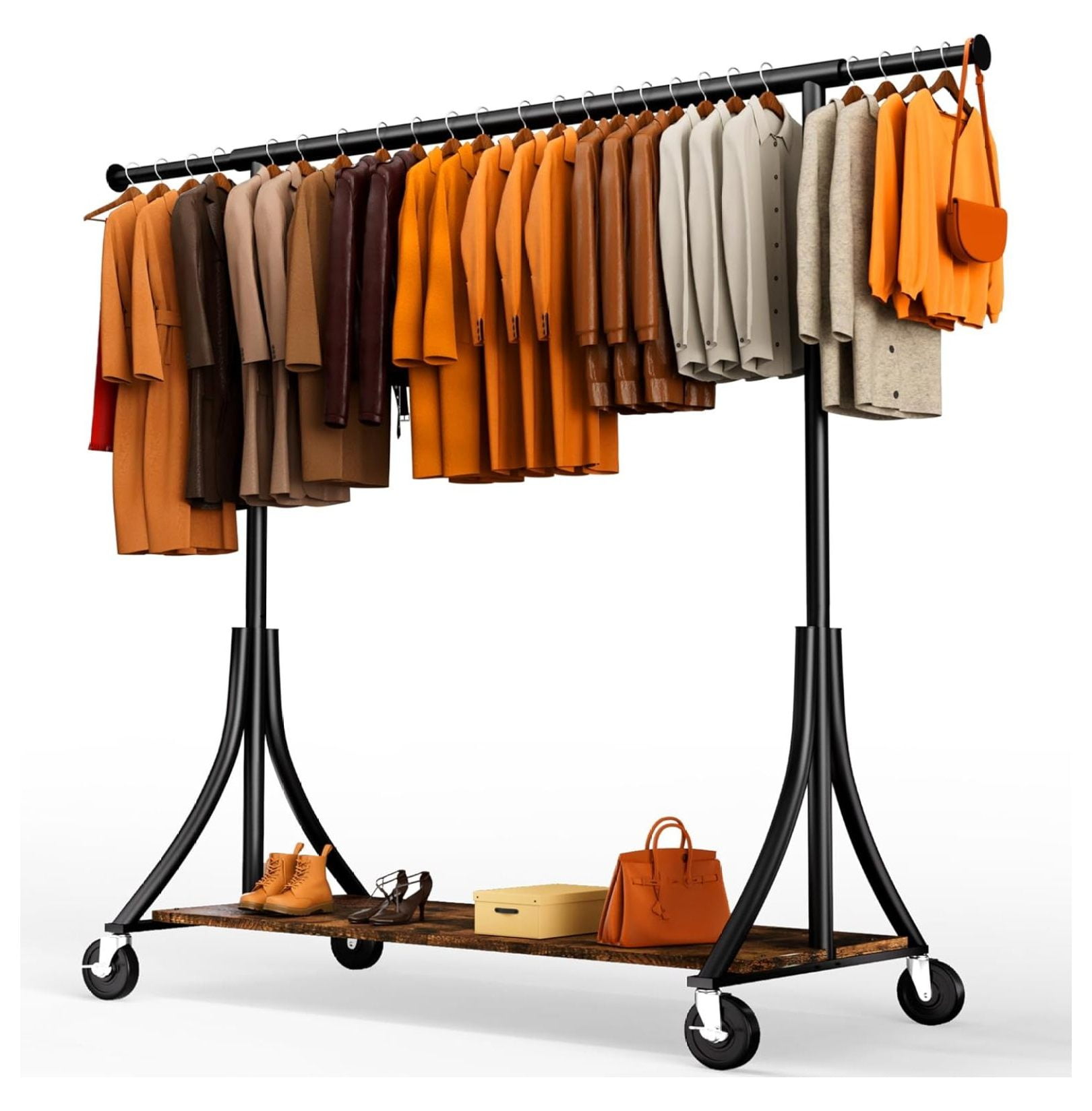 Clothes Rack with Wood Shelves, Height Adjustable Clothing Rack with ...