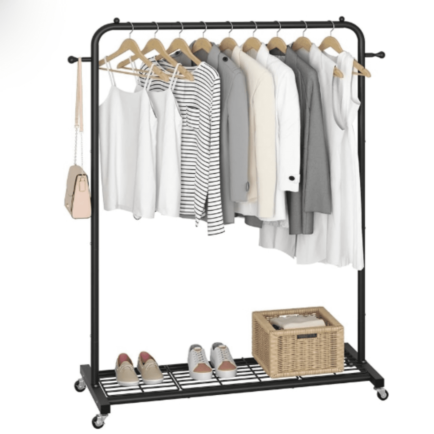 Clothes Rack on wheels, Clothing Rack with Bottom Mesh Storage Shelf ...