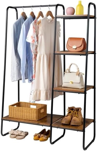 Clothes Rack with 5 Wood Shelf, Freestanding Clothing Rack，Garment Rack ...