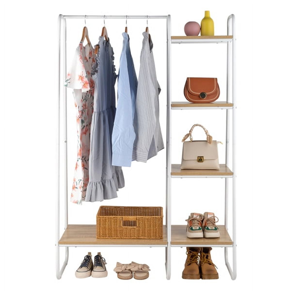 Clothes Rack with 5 Wood Shelf, Freestanding Clothing Rack，Garment Rack ...