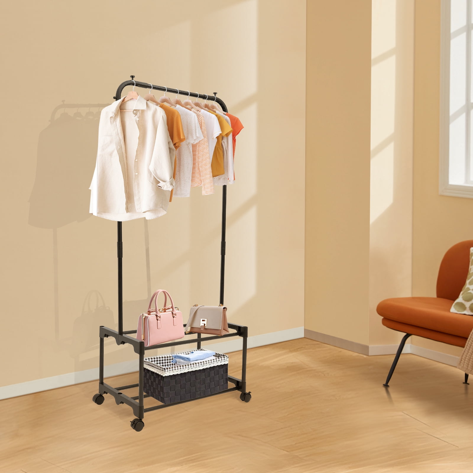 Clothes Rack with Bottom Shoes Shelf Movable Floor Hanging Clothes ...