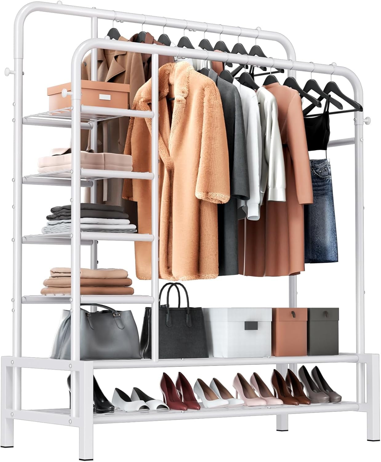 Clothes Rack with Double Rods and 6 Shelves, Heavy Duty Metal Garment ...