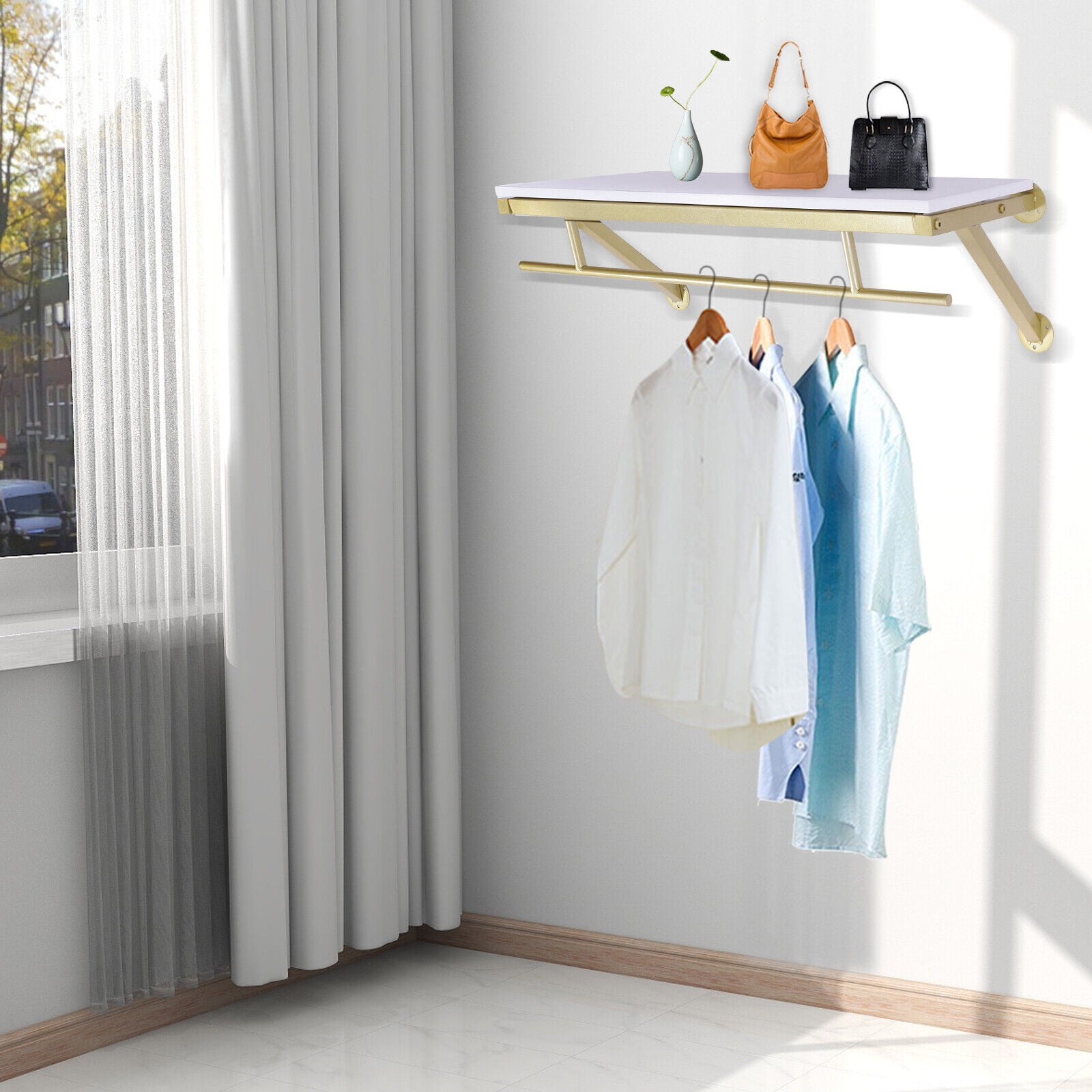 Clothes Rack with Top Shelf Wall Mounted Garment Rack Space-Saving ...