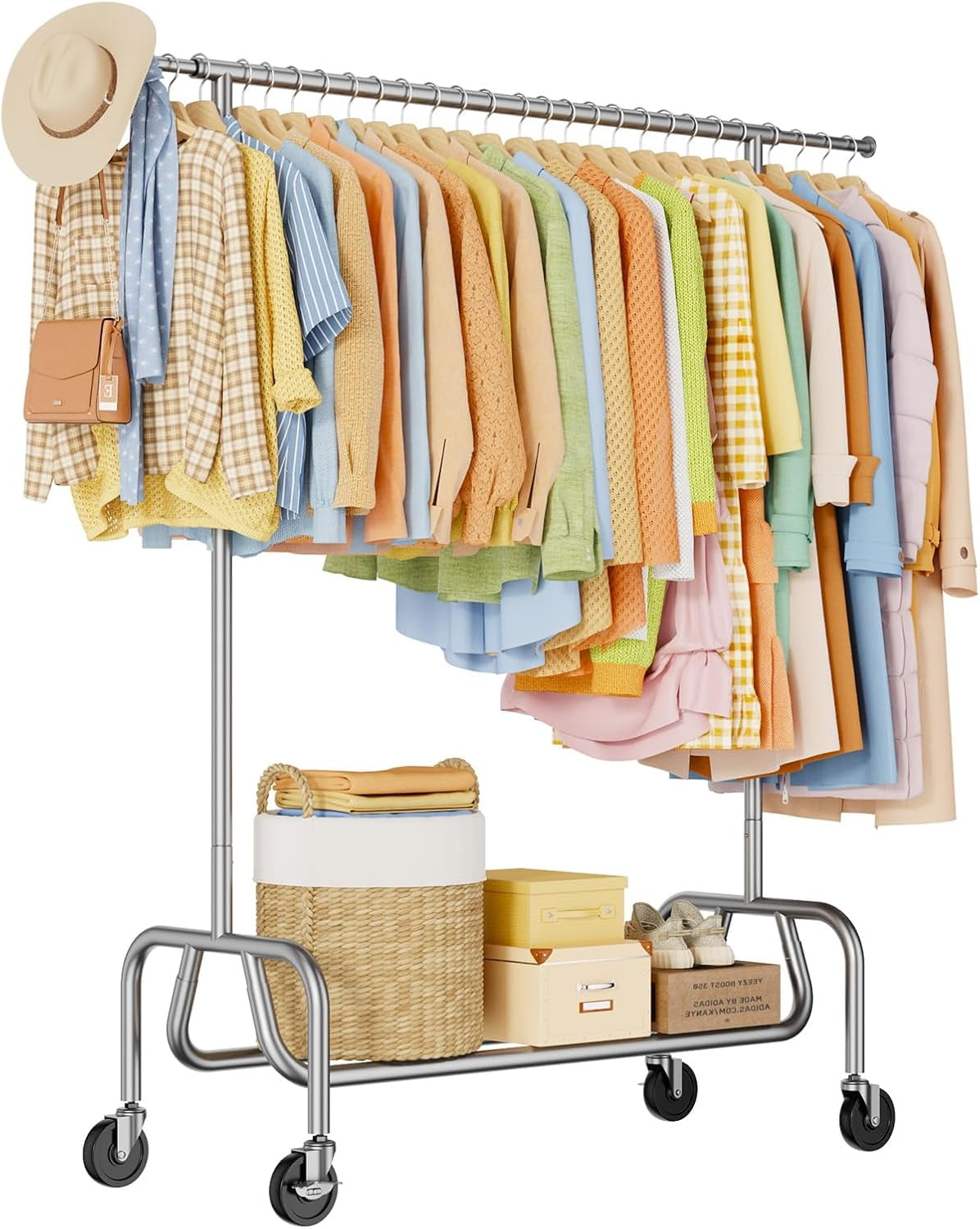 Clothes Rack with Wheels, Heavy Duty Clothing Rack Rolling Garment ...