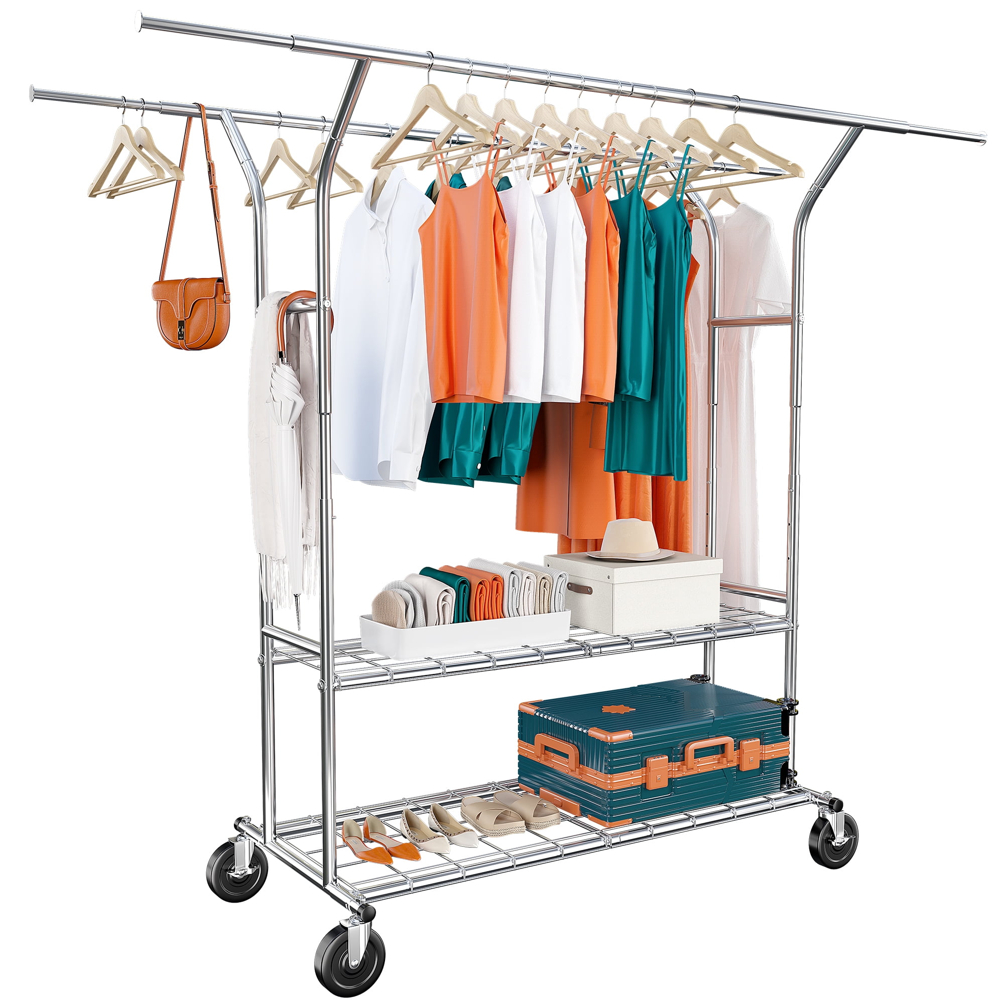 Clothes Rack with Wheels, Heavy-Duty Garment Rack for Hanging Clothes ...