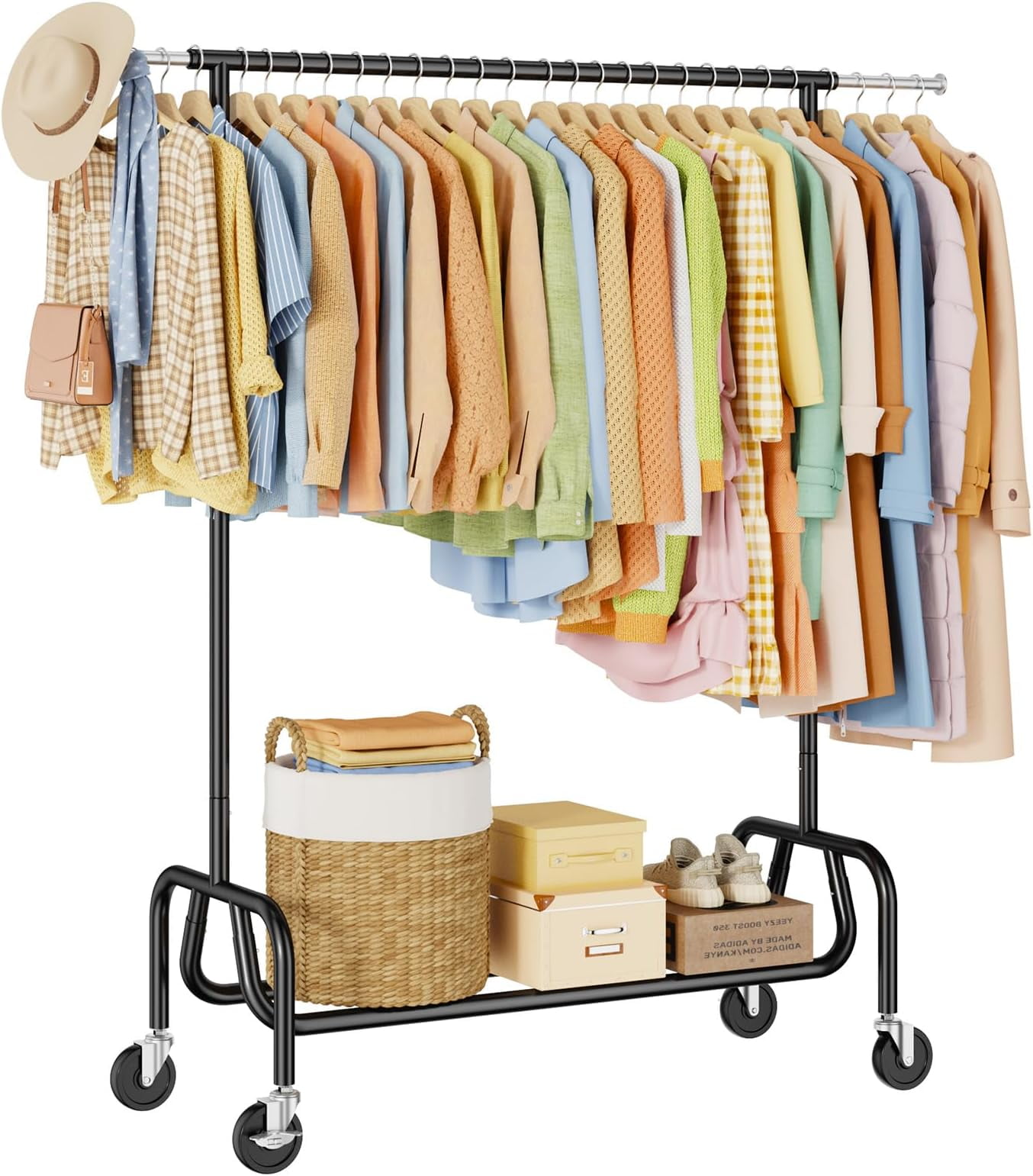 Clothes Rack with Wheels, Rolling Clothing Rack with Shelf, Clothes ...