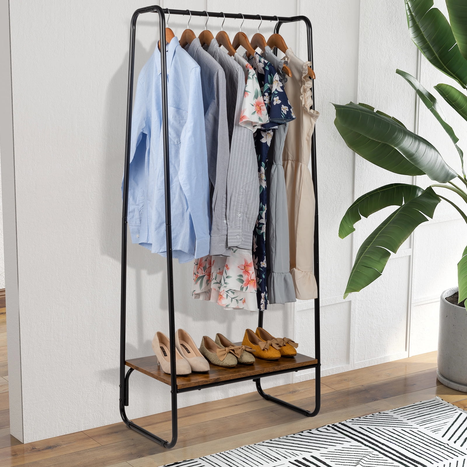 Clothes Rack with Wood Shelf, Freestanding Clothing Rack，Garment Rack ...