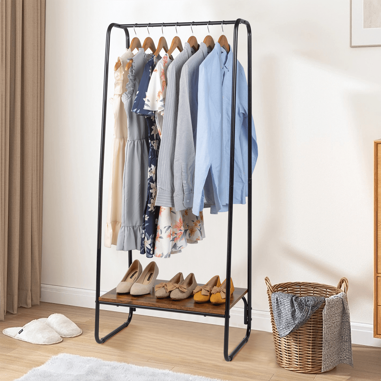 Clothes Rack with Wood Shelf, Freestanding Clothing Rack，Garment Rack ...