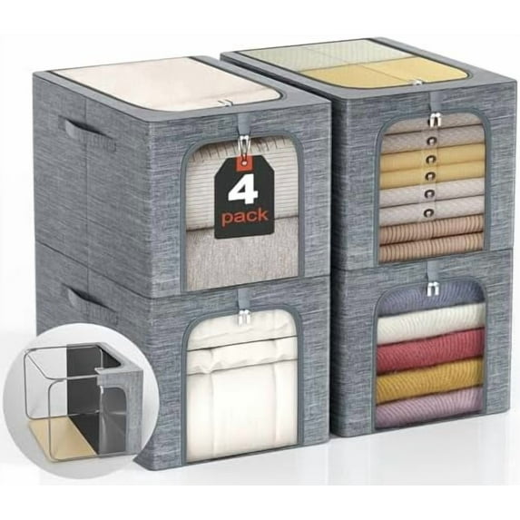 Clothes Storage Bin with Metal Frame: 4-Pack Stackable Closet Storage ...