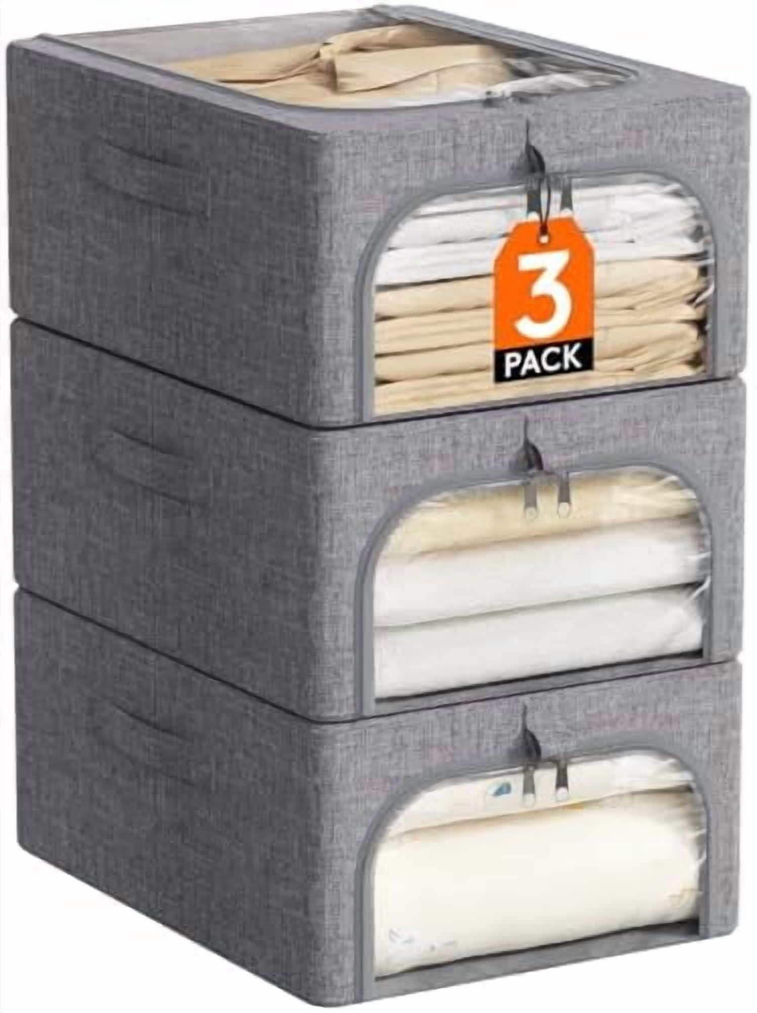 Clothes Storage Bins with Metal Frame 3 Pack, Fabric Stackable Storage ...