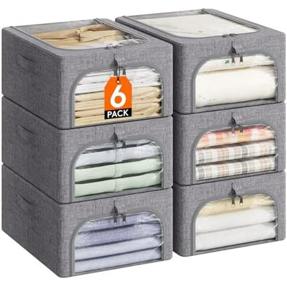 Clothes Storage Bins with Metal Frame 6 Pack, Fabric Stackable Storage Bags with Lids, Zipper ...