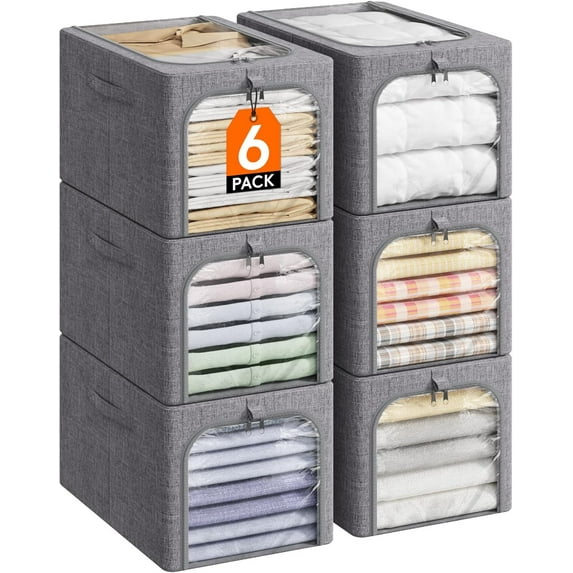 Clothes Storage Bins with Metal Frame 6 Pack, Fabric Stackable Storage ...
