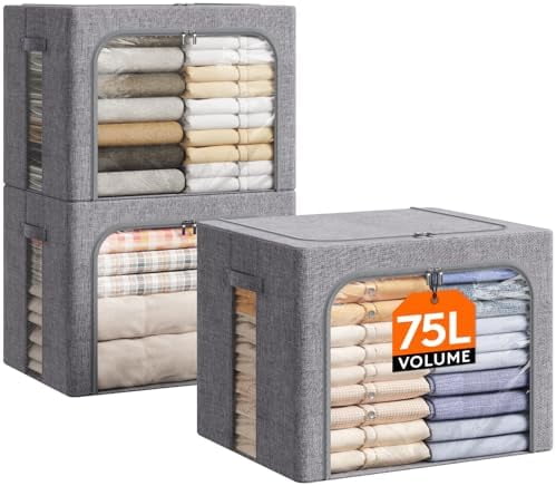 Clothes Storage Bins with Metal Frame, Stackable Storage Box, Foldable ...