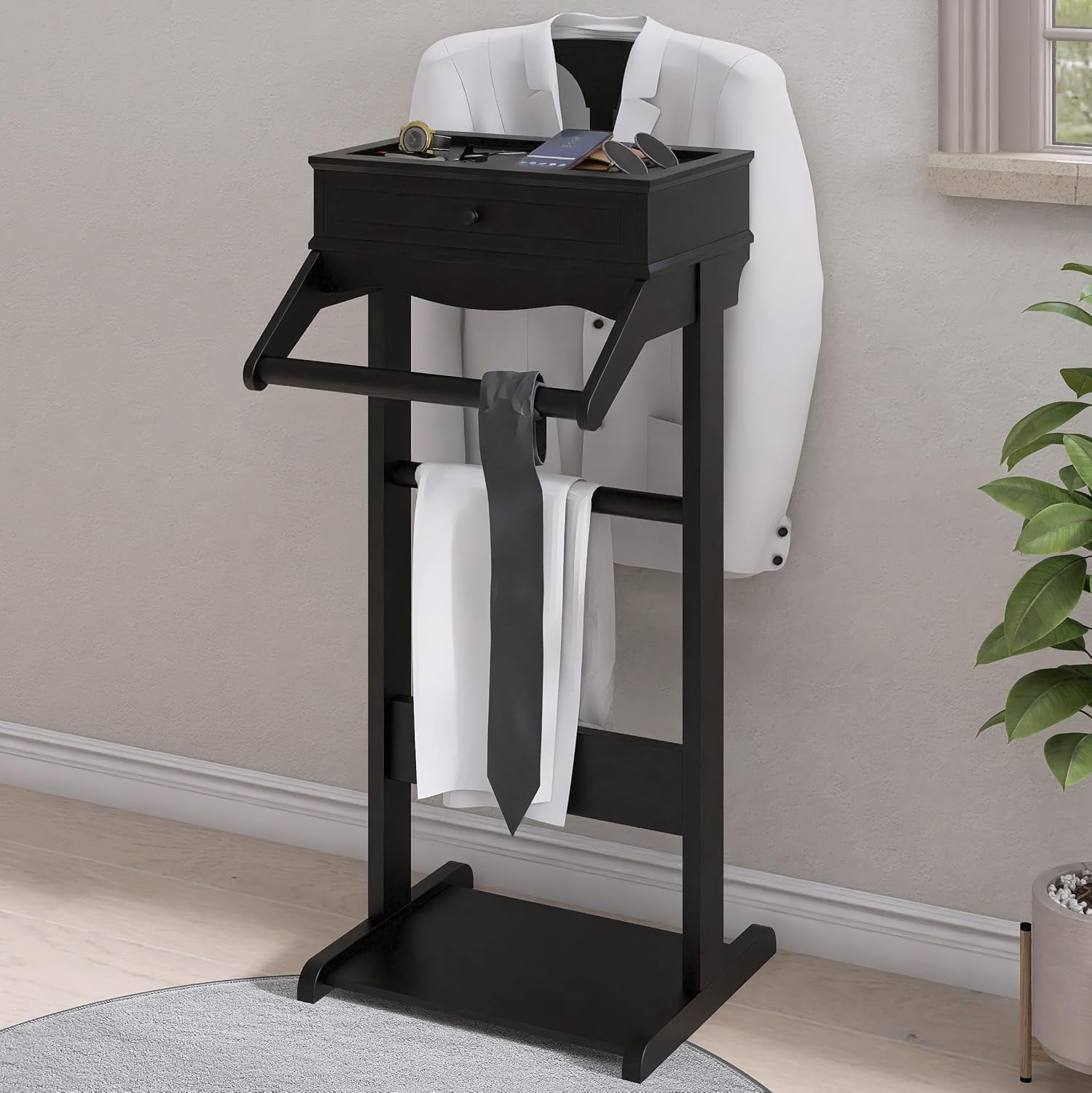 Clothes Valet Stand for Men, Wooden Clothing Rack with Drawer, Hanger ...