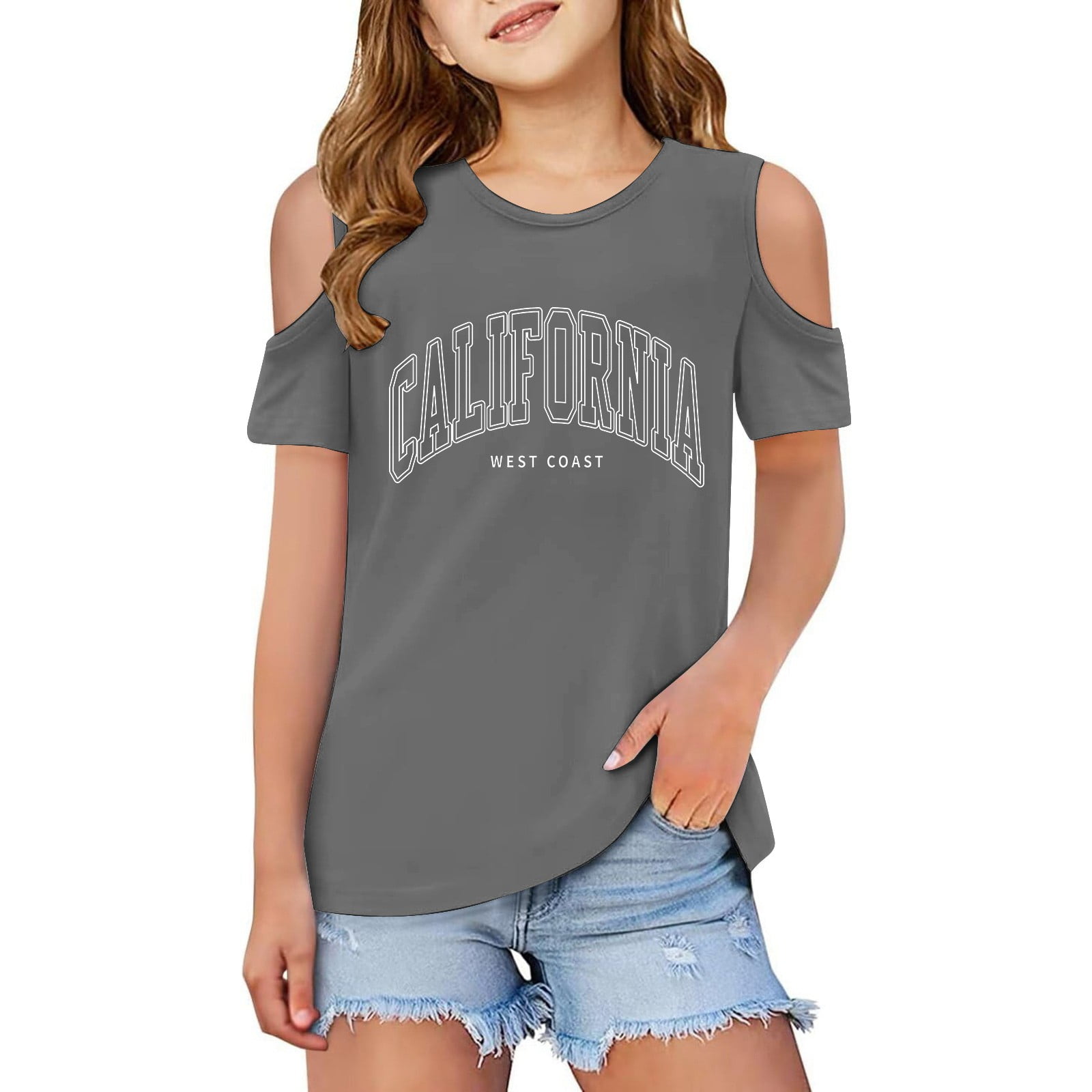 Clothes for Girls Cold Shoulder Letter Print Girls Short Sleeve Tops ...