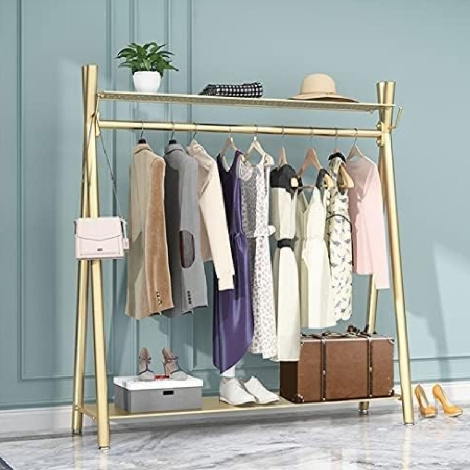 Clothes rack Gold, Freestanding Industrial Garment Rack with Double ...