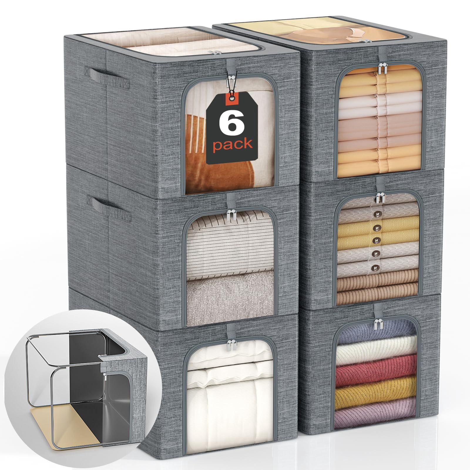 Clothes storage bins with metal frame, 6 pack stackable storage boxes ...