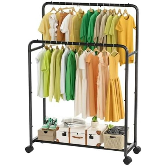 Clothing Clothes Rack Double Rods with Wheels, Rolling Metal Garment ...