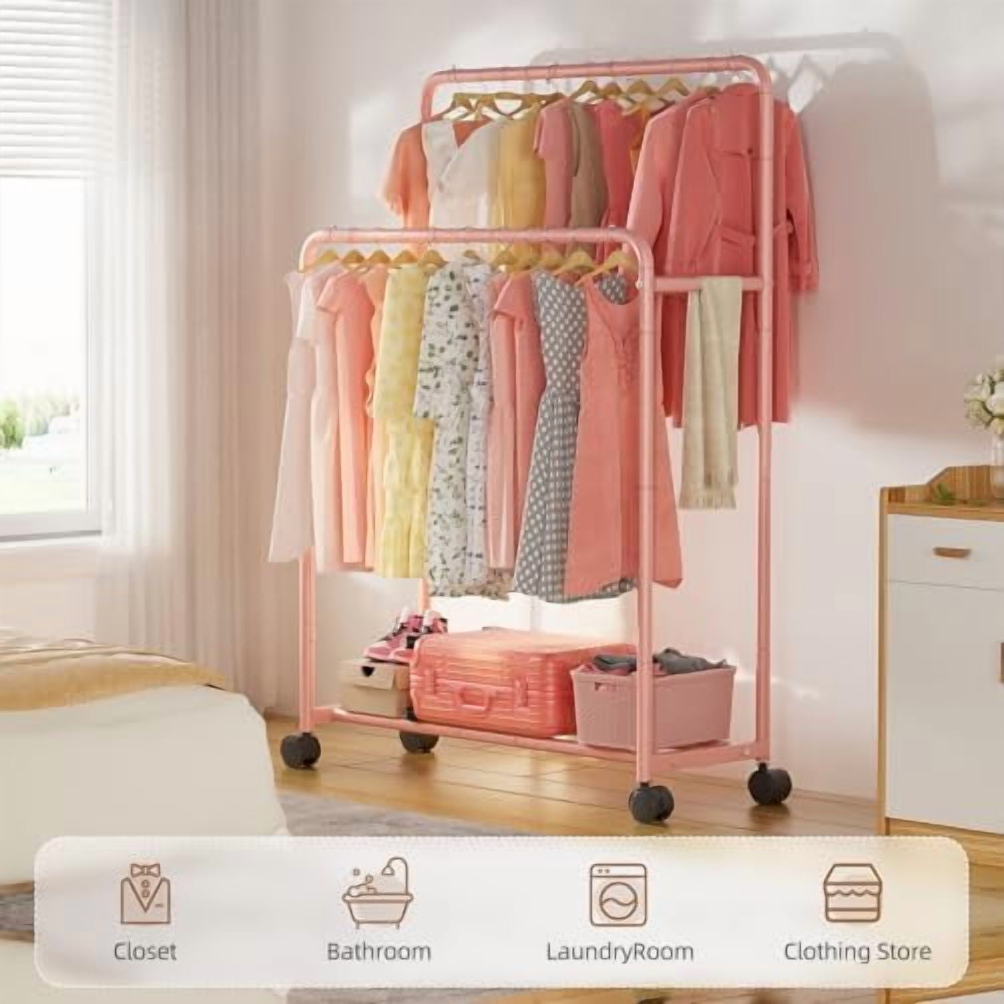 Clothing Clothes Rack Double Rods with Wheels, Rolling Metal Garment ...