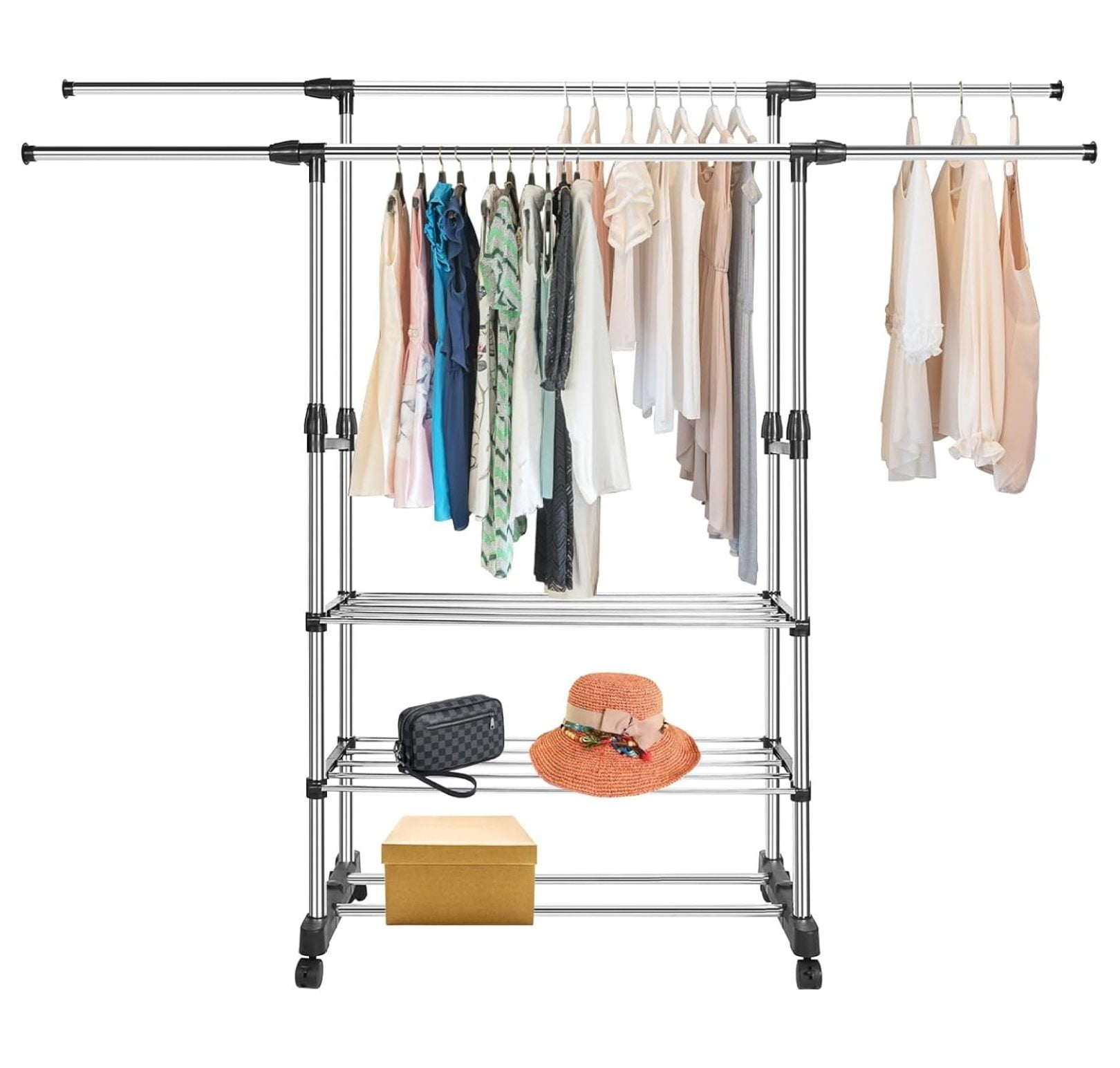 Clothing Garment Rack, Double Rod Garment Rack with Wheels ...