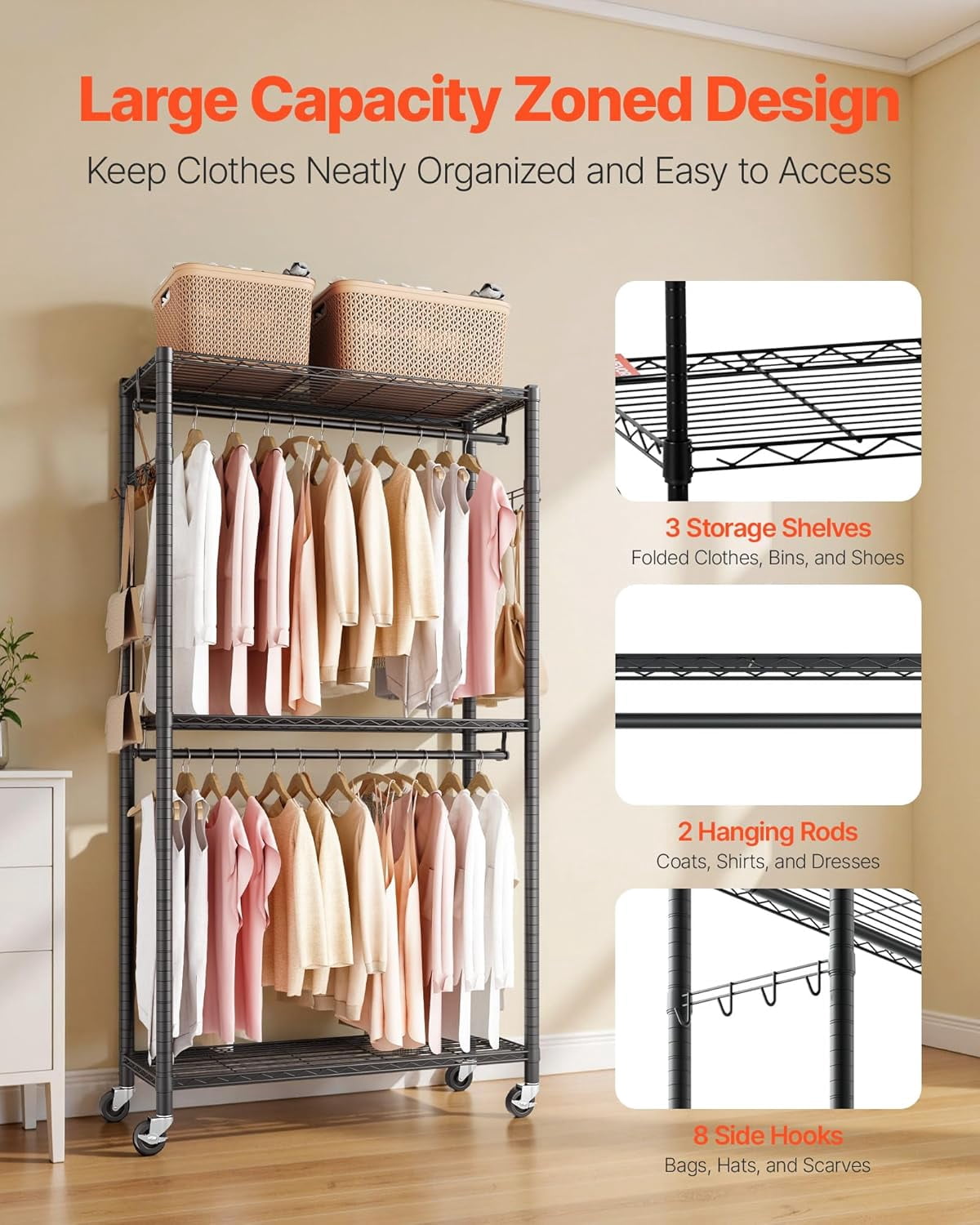 Clothing Garment Rack, Heavy Duty Closet Wardrobe, Adjustable Tiers ...