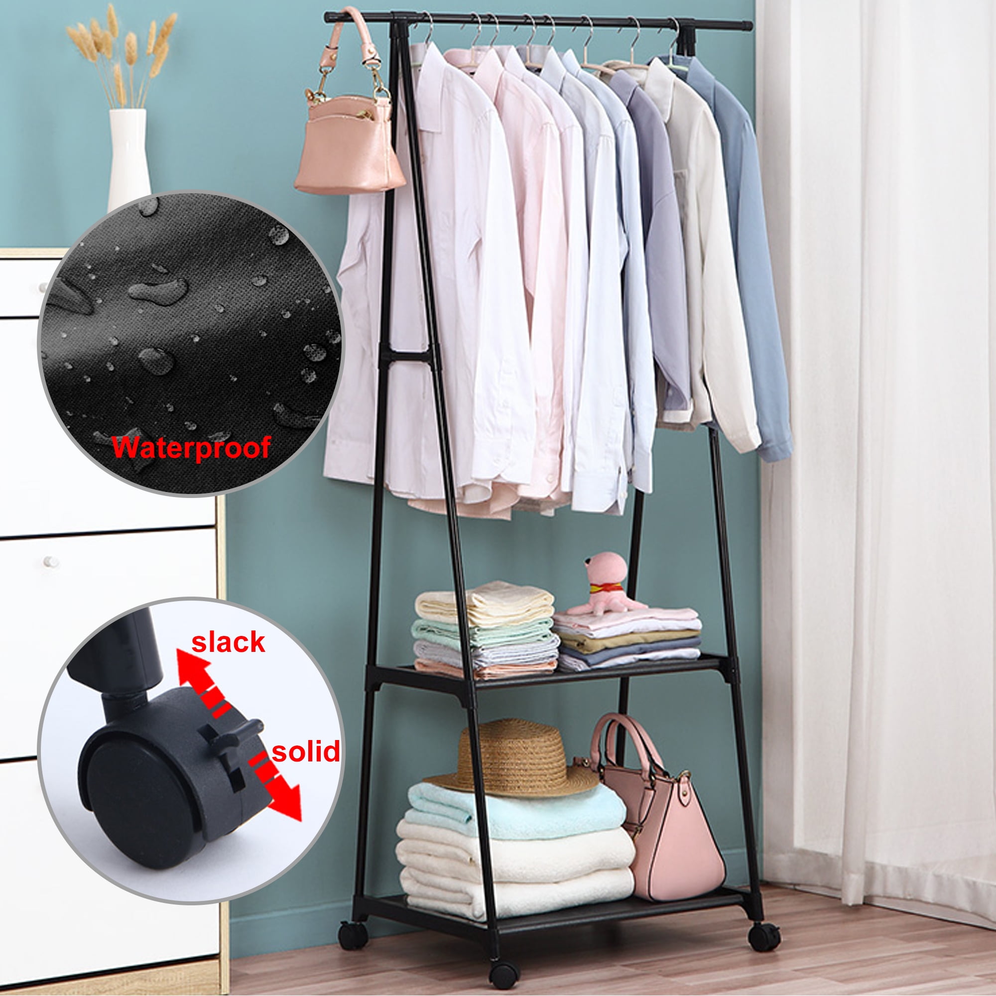Black Metal Clothing Rack with Shelves, Top Rod Organizer and Lower ...