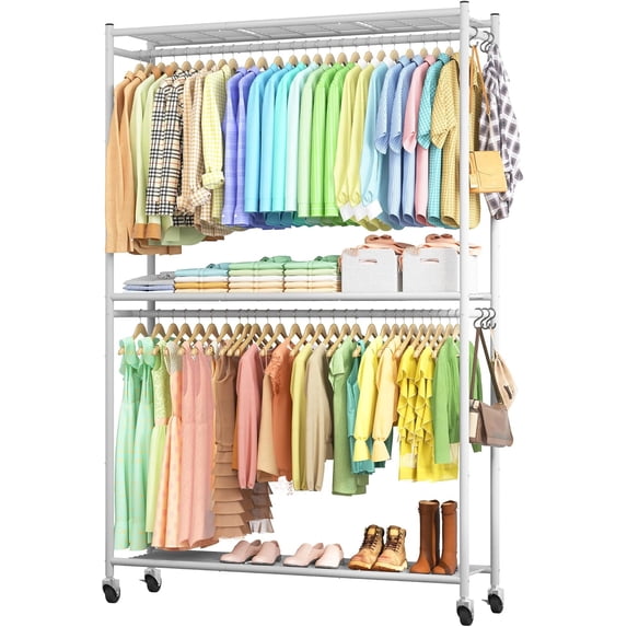 Clothing Rack with Shelves & Wheels, Multi-Functional Wardrobe Closet ...