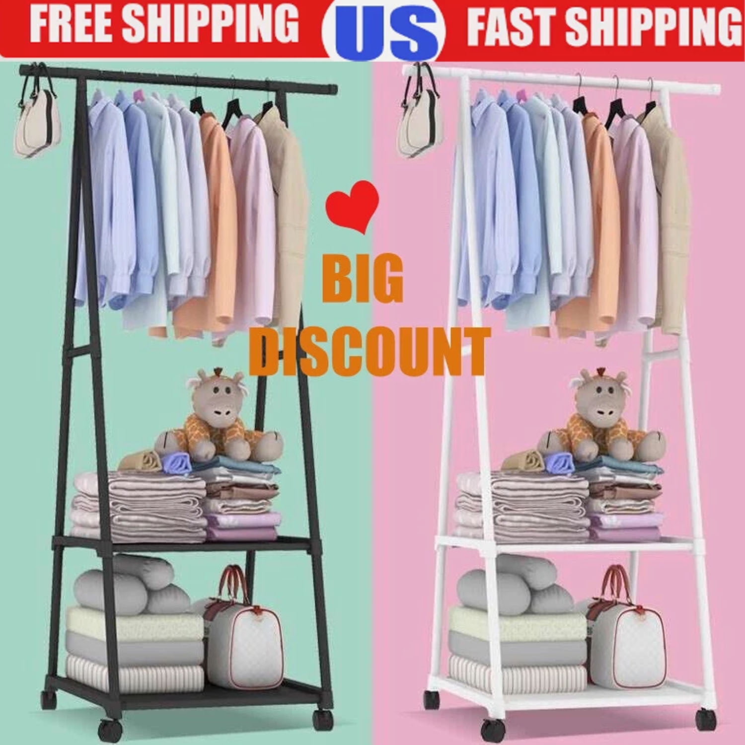 Clothing Rack with Tier Metal Basket Storage Cart Clothes Organizer ...