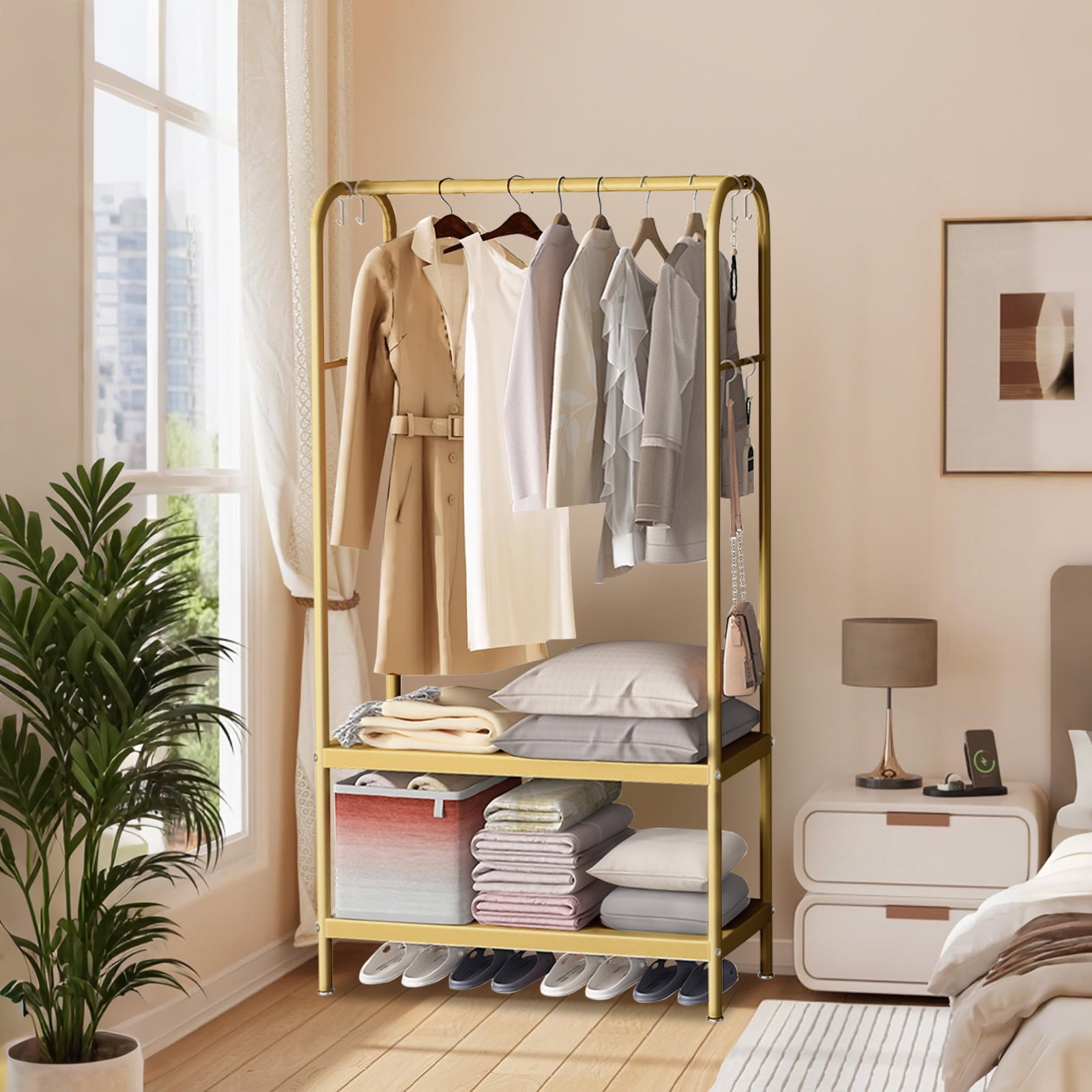 Clothing Racks,Portable Closet Garment Coat Rack W/ 2 Storage Shelves ...