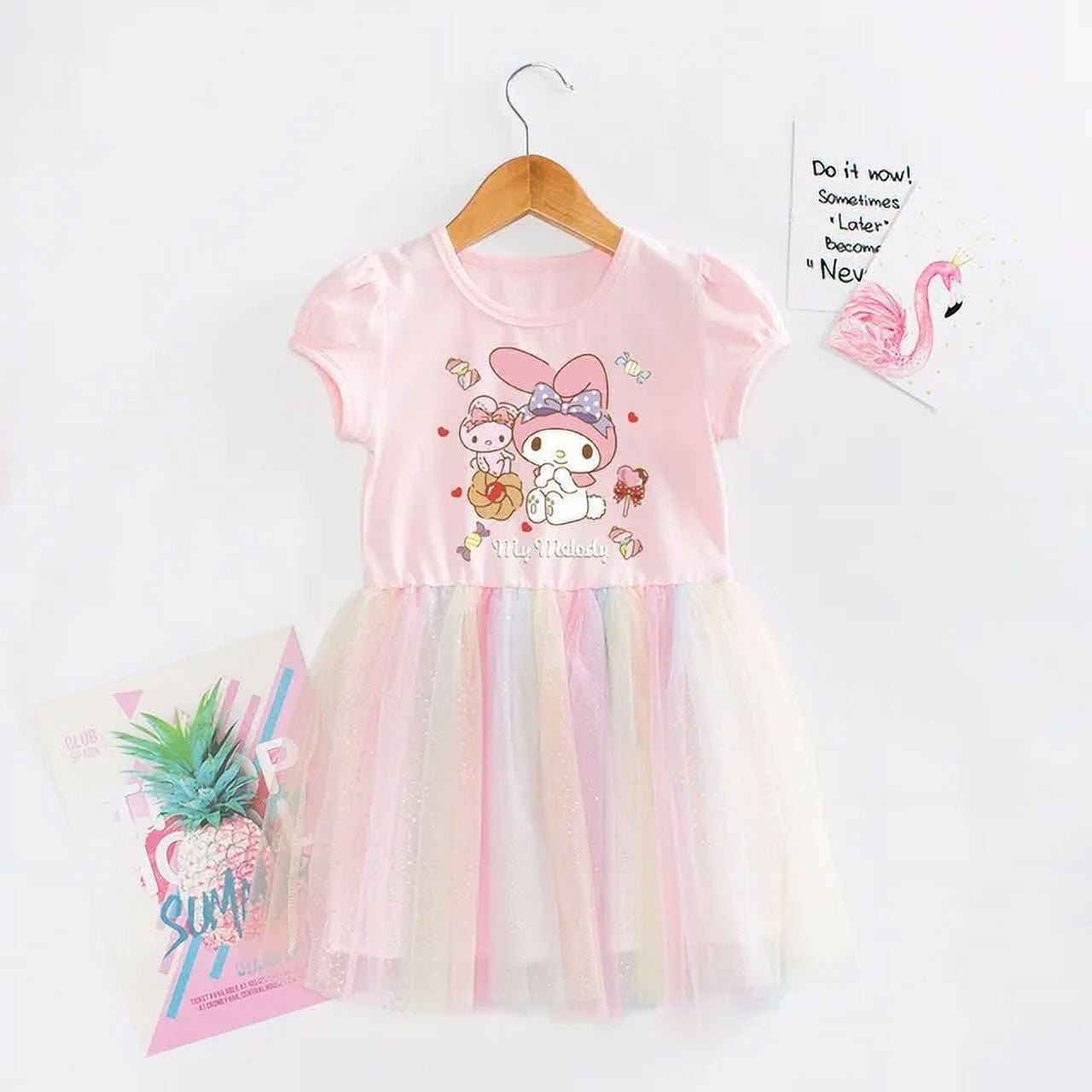 Clothing Summer Sanrio Kuromi Melody Dresses Short-Sleeved Rainbow Mesh ...