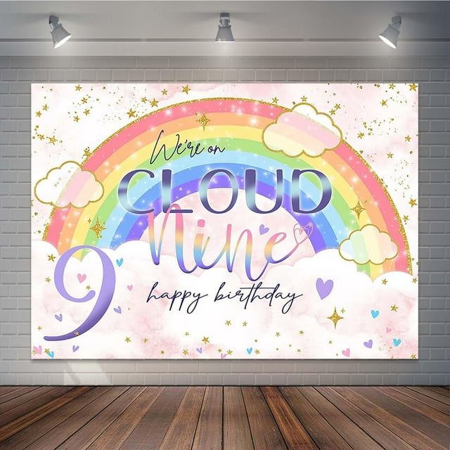 Cloud 9 Birthday Backdrop Watercolor Pink Cloud Pastel Rainbow 9th Birthday Background Girls ...