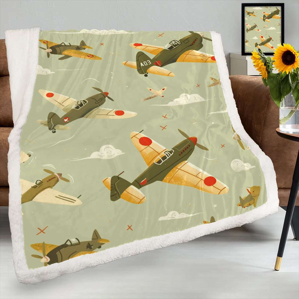 Cloud Airplane Pattern Sherpa Blanket Throw Blanket For Bed Chair Sofa ...