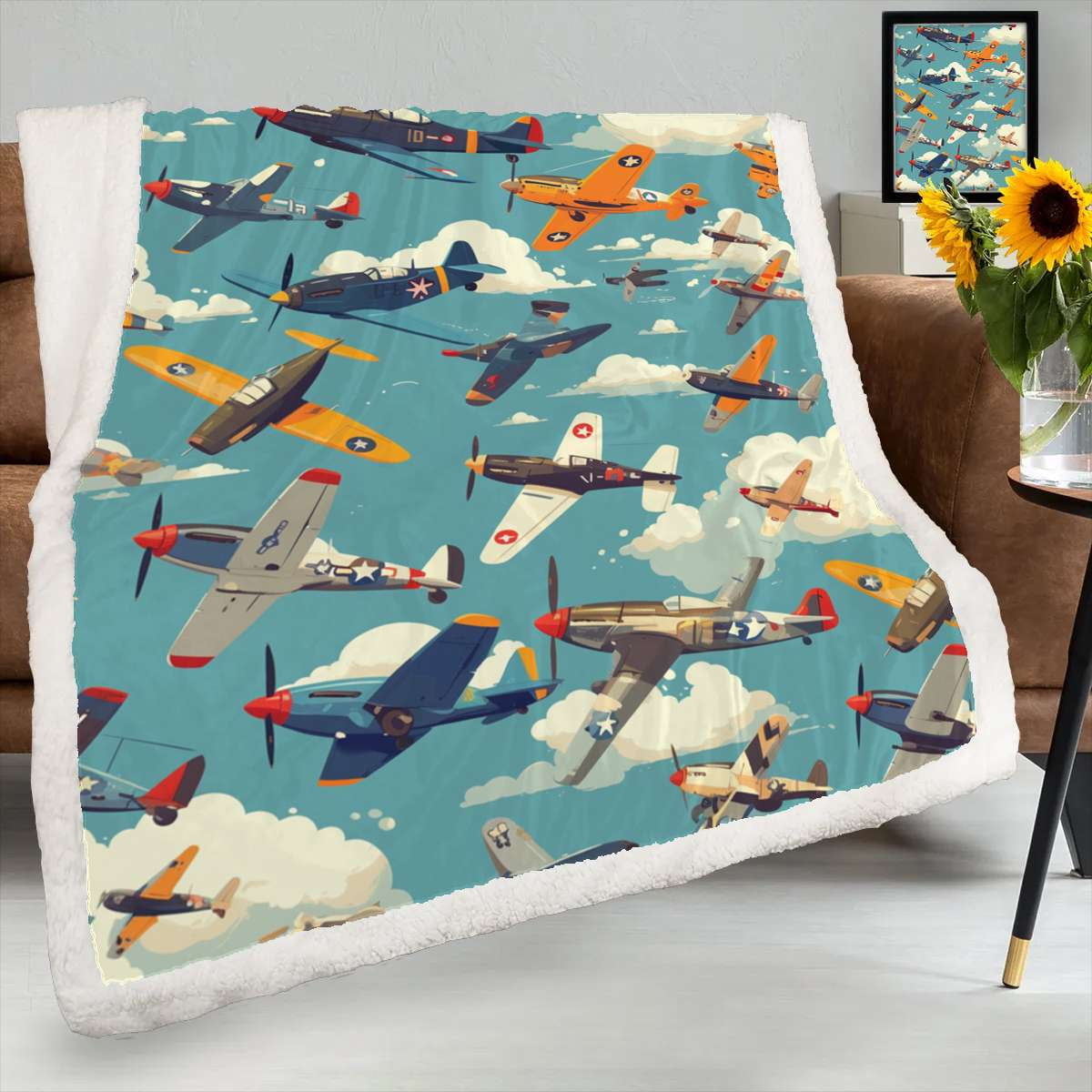 Cloud Airplane Pattern Sherpa Blanket Throw Blanket For Bed Chair Sofa ...