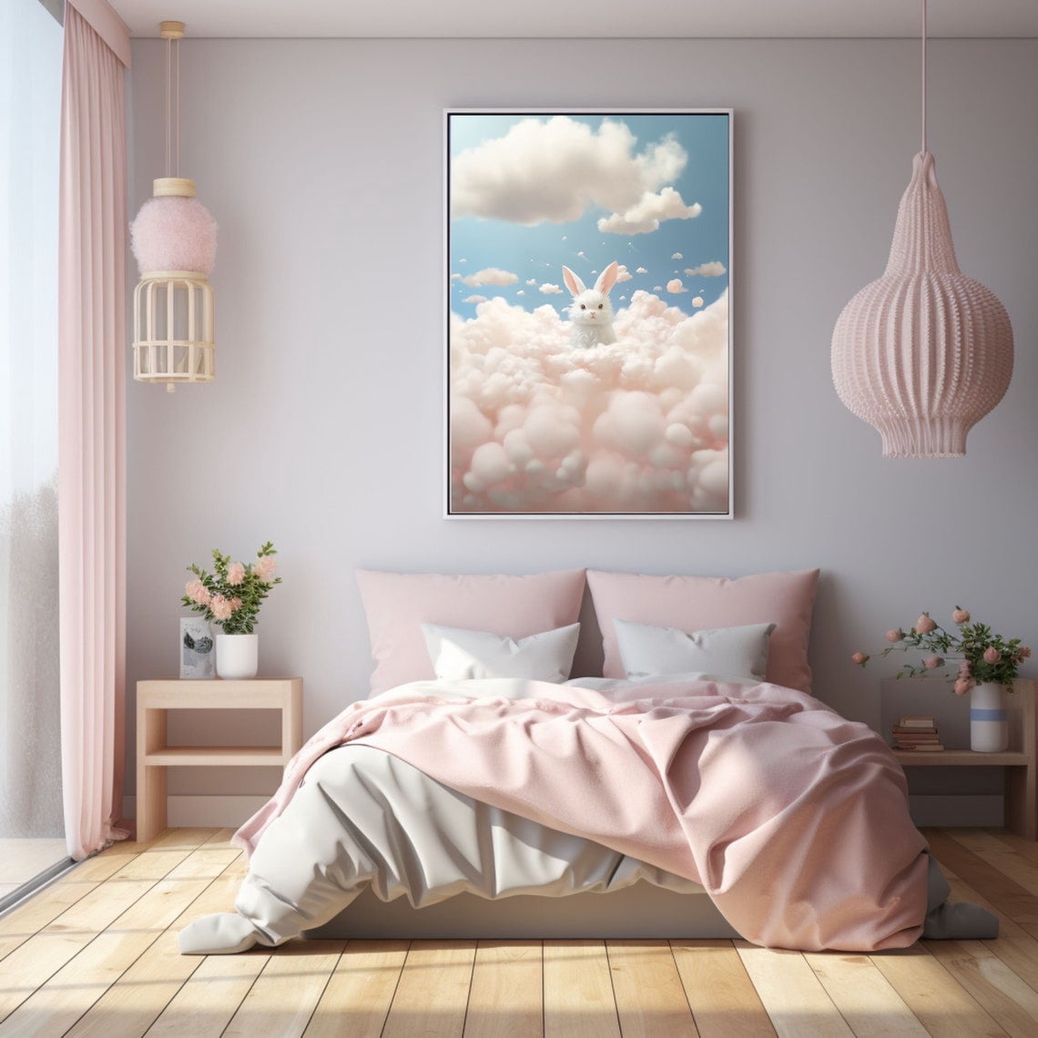 Cloud Bunny Art Cute Kawaii Bunny Art, Stretched Canvas - Walmart.com