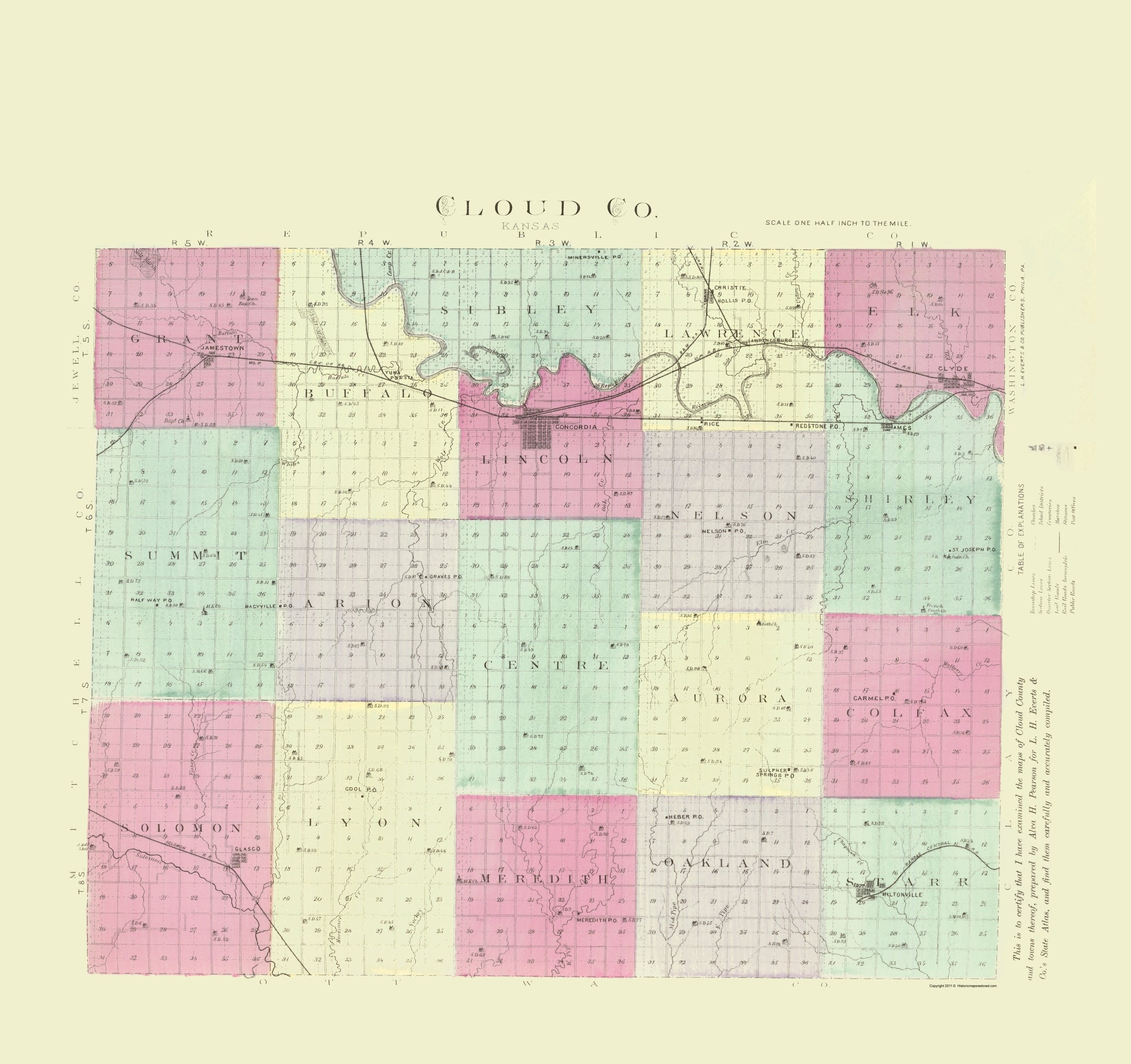 Historic County Map - Cloud County Kansas - Everts 1887 - 23 x 24.46 ...