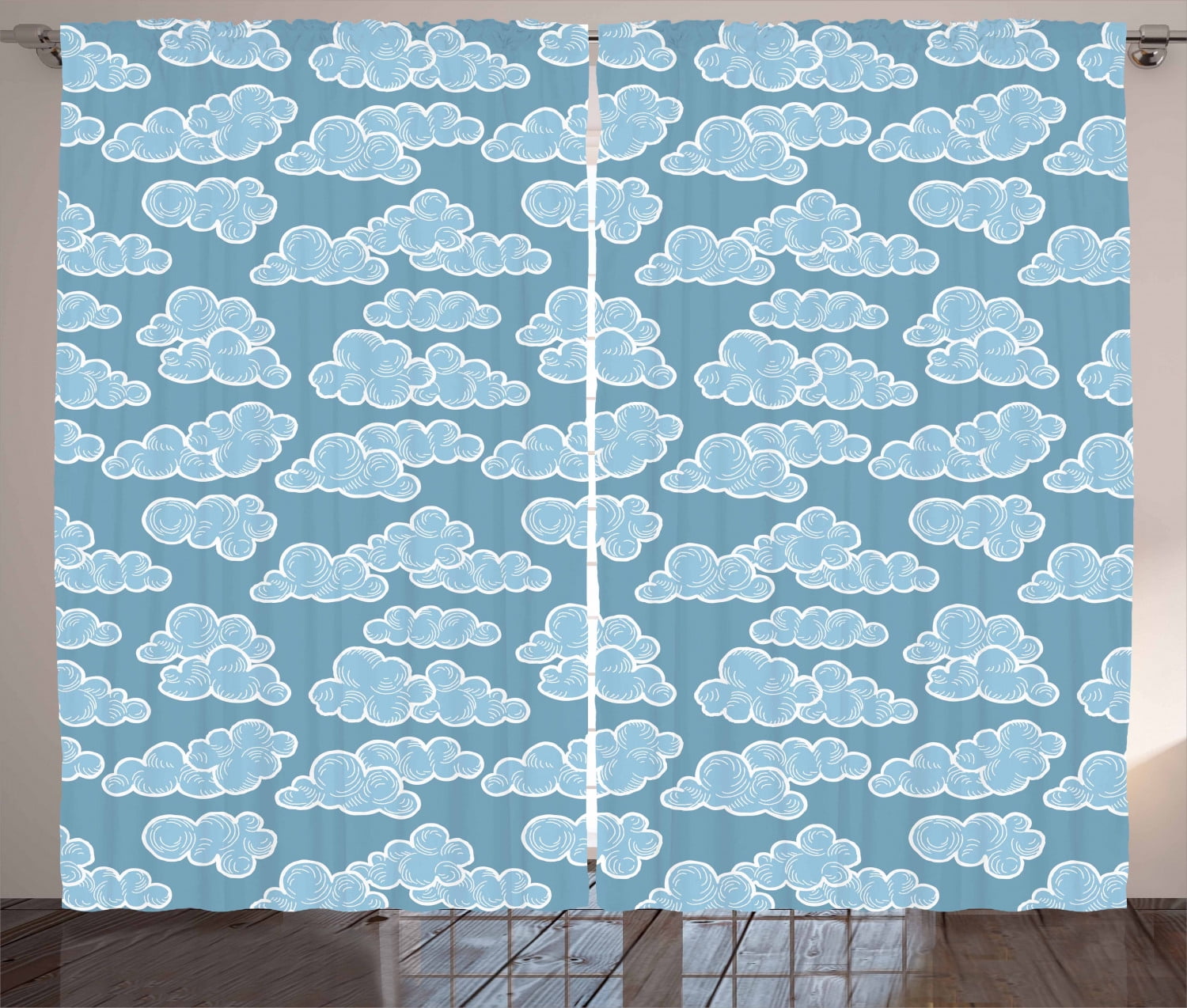 Cloud Curtains 2 Panels Set, Doodle Style Weather Illustration in Blue ...