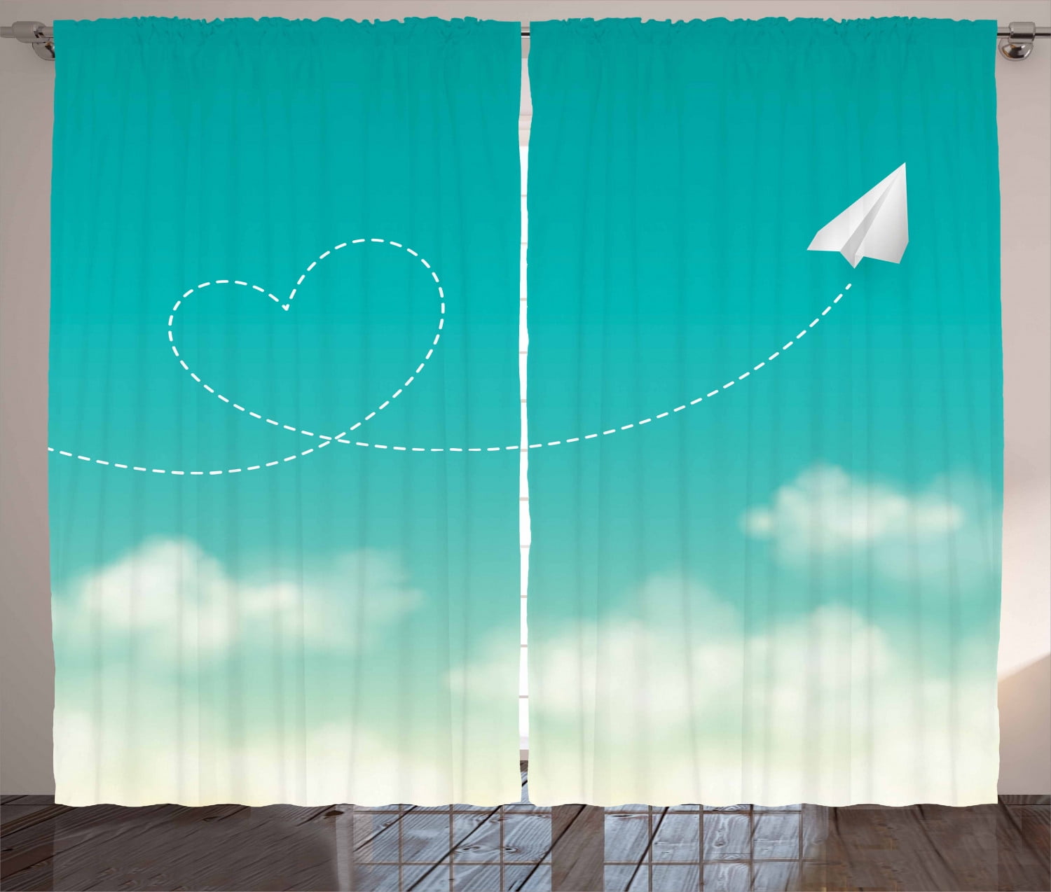 Ambesonne Cloud Curtains 2 Panel Set, Paper Plane and Heart, 108" x 96 ...