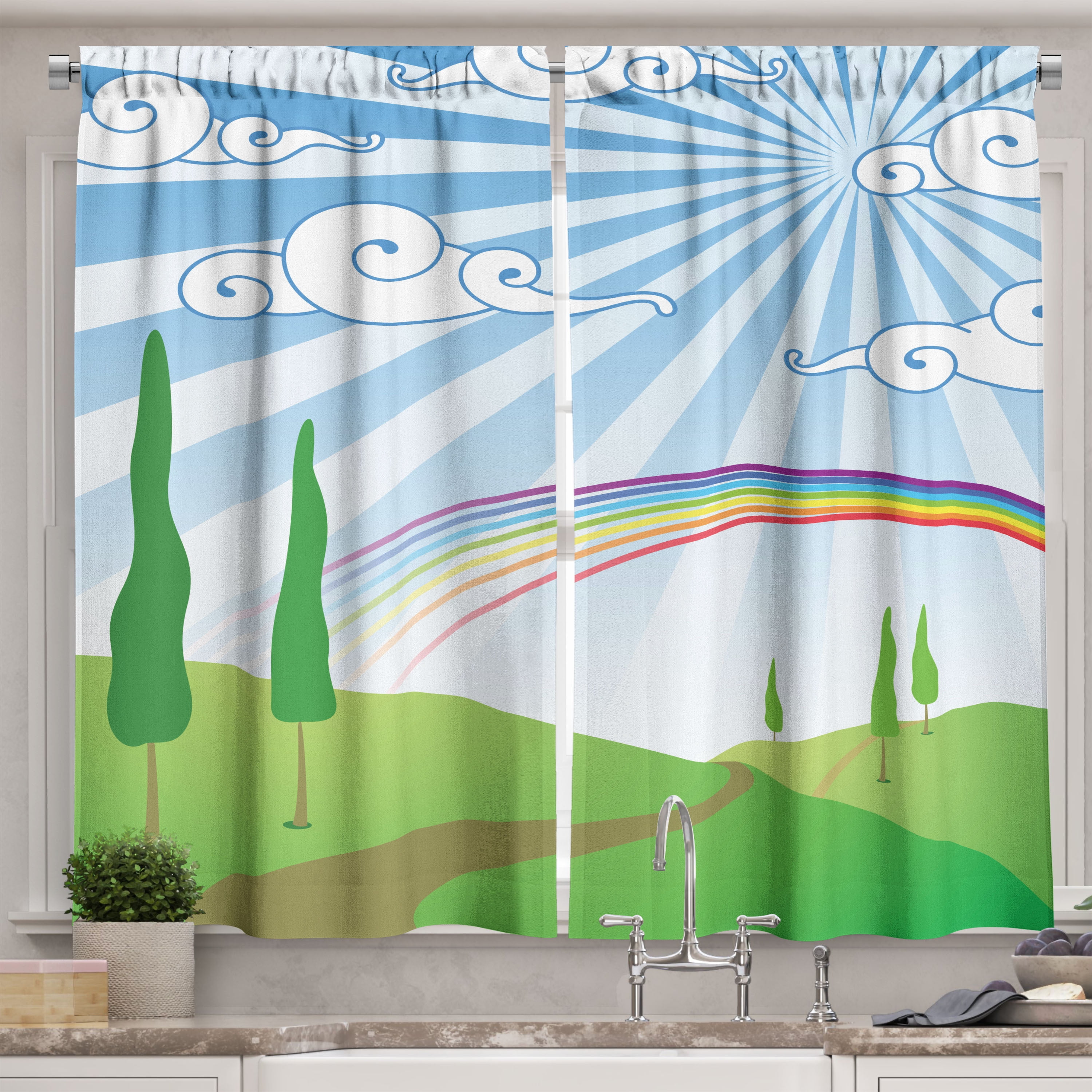 Cloud Curtains 2 Panels Set, Rainbow on a Meadow with Road and Trees ...