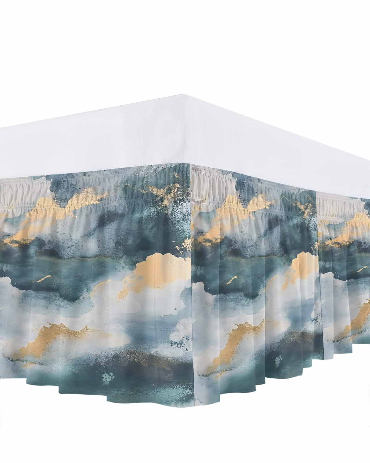 Cloud Effect Bed Skirt Modern Golden Green Marble Texture Bed Skirts ...