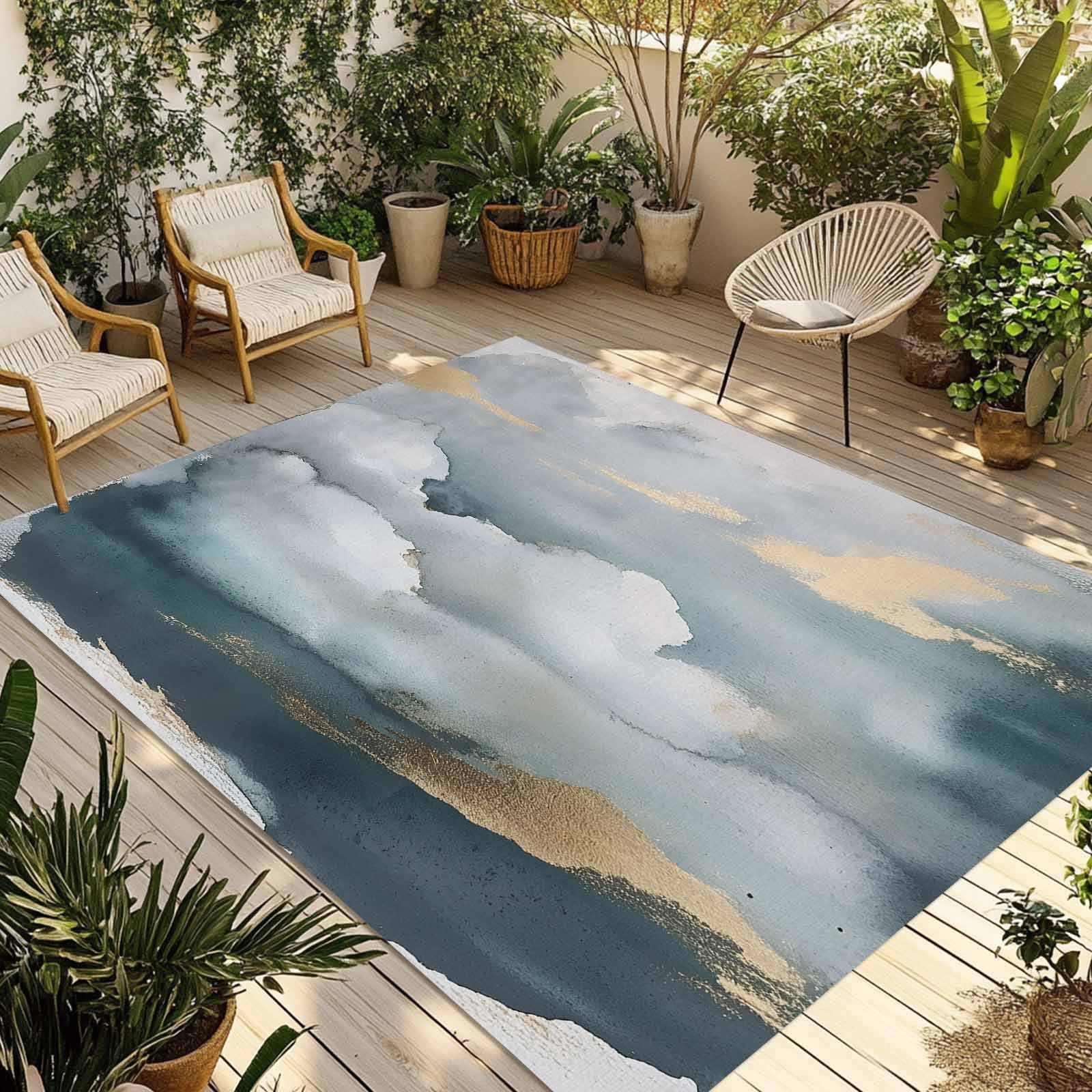 Cloud Effect Outdoor Rug, Modern Watercolor Marble Texture Non-Slip ...
