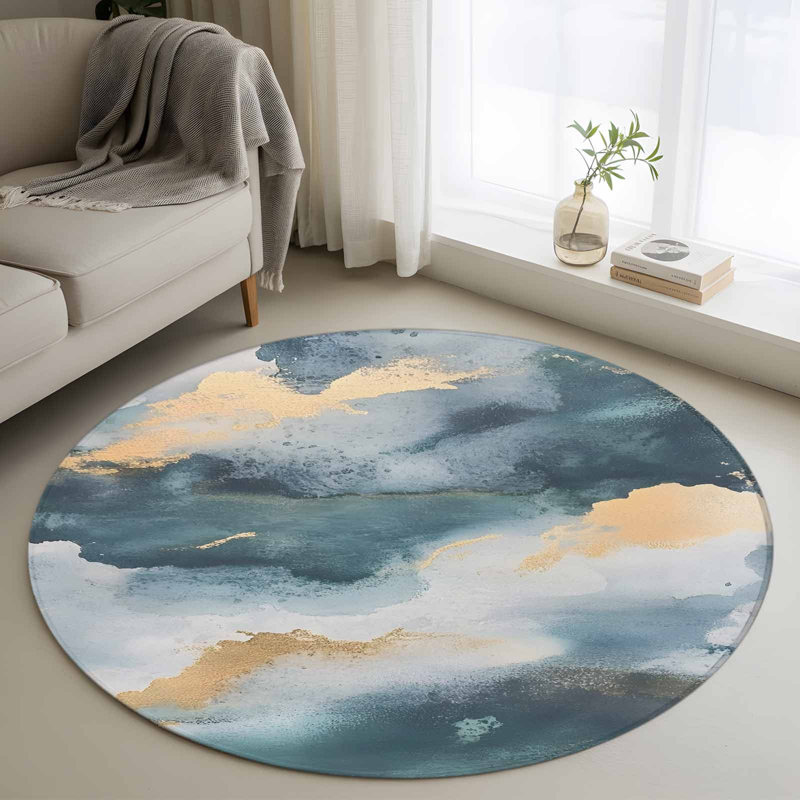 Cloud Effect Round Rugs for Living Room 4ft Modern Golden Green Marble ...