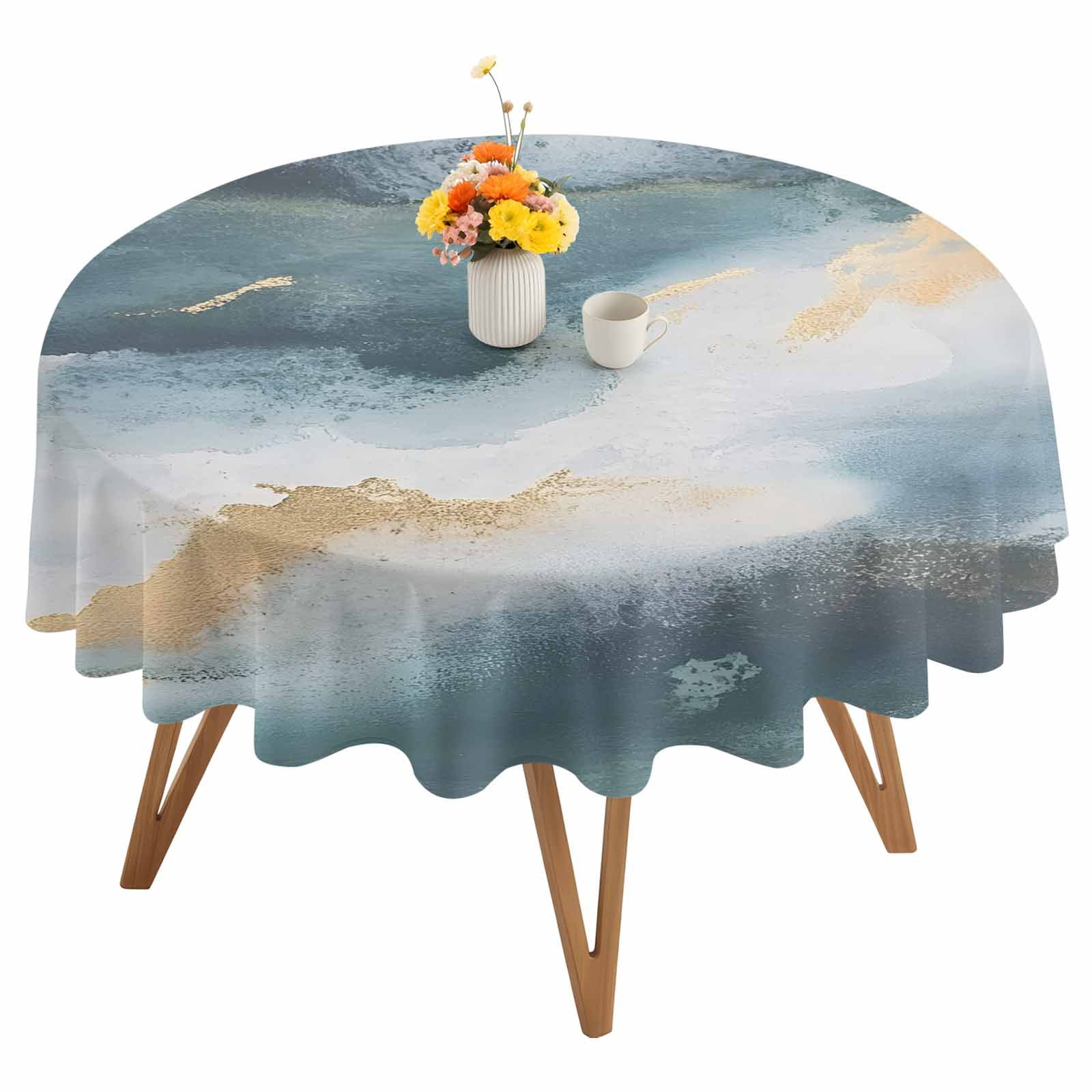Cloud Effect Round Tablecloth 54 inches Modern Golden Green Marble ...