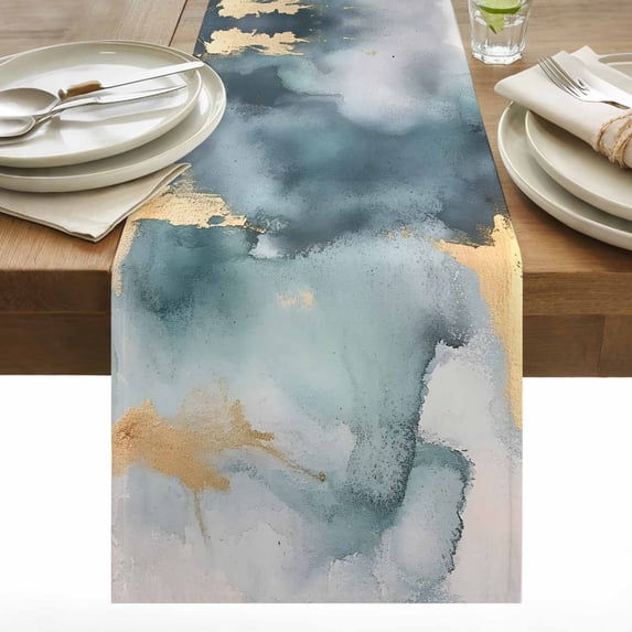 Cloud Effect Table Runner 13x72 inch Modern Green Golden Marble Texture ...