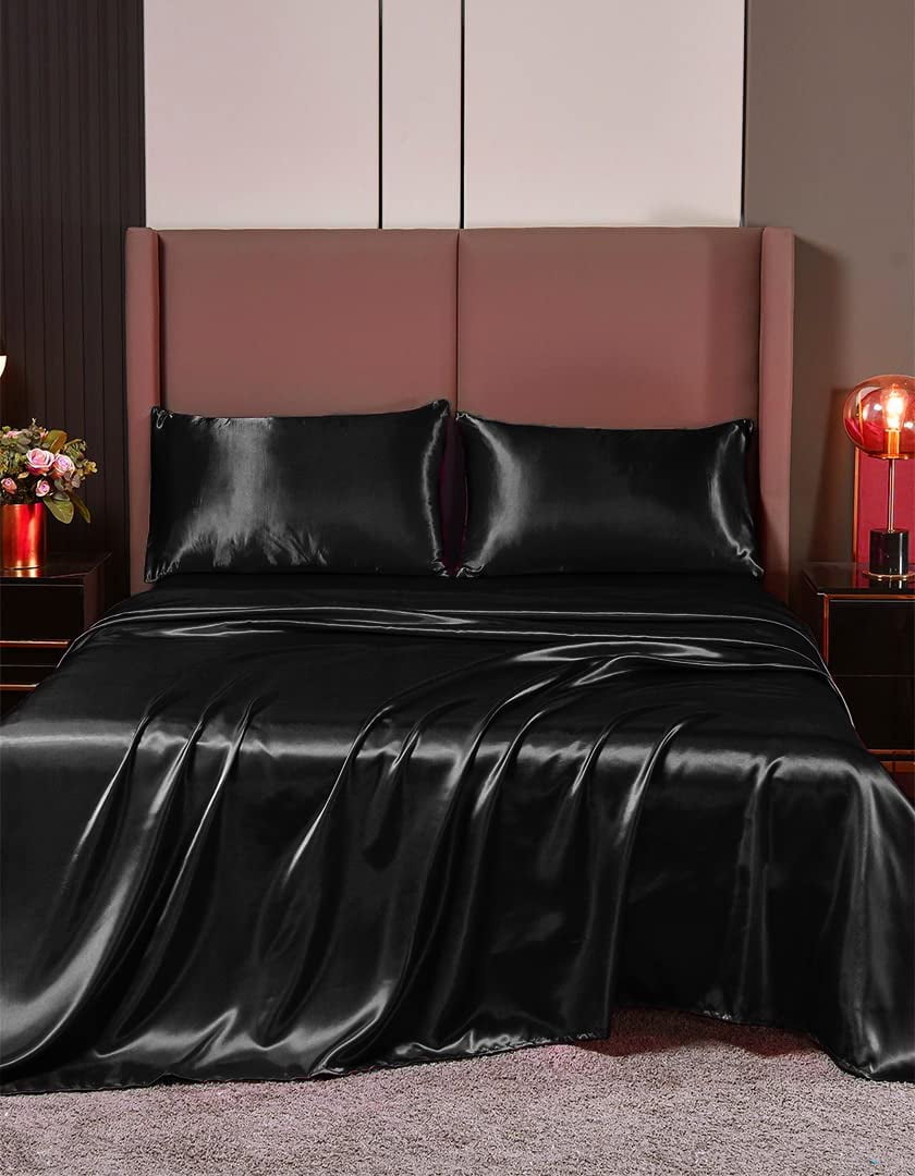 Cloud Fino Luxurious Satin Bed Sheets Black Silk Sheets Full 15 " Deep ...
