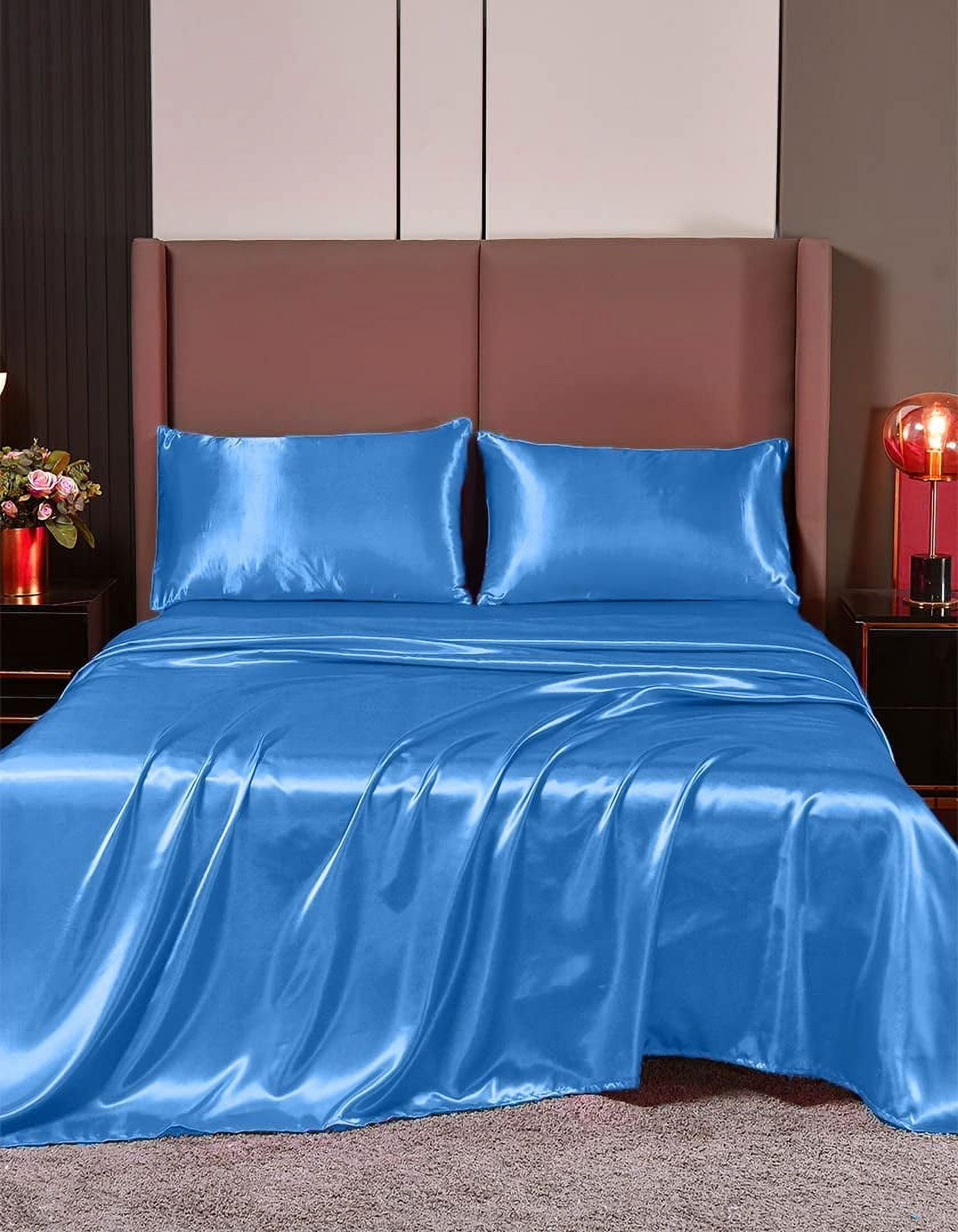 Cloud Fino Luxurious Satin Bed Sheets Medium Blue Silk Sheets King 15 ...