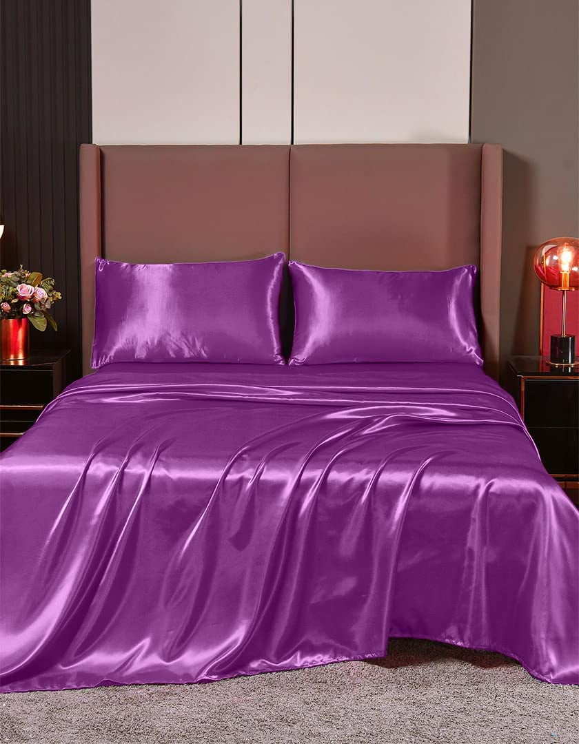 Cloud Fino Luxurious Satin Bed Sheets Purple Silk Sheets King 15 " Deep ...